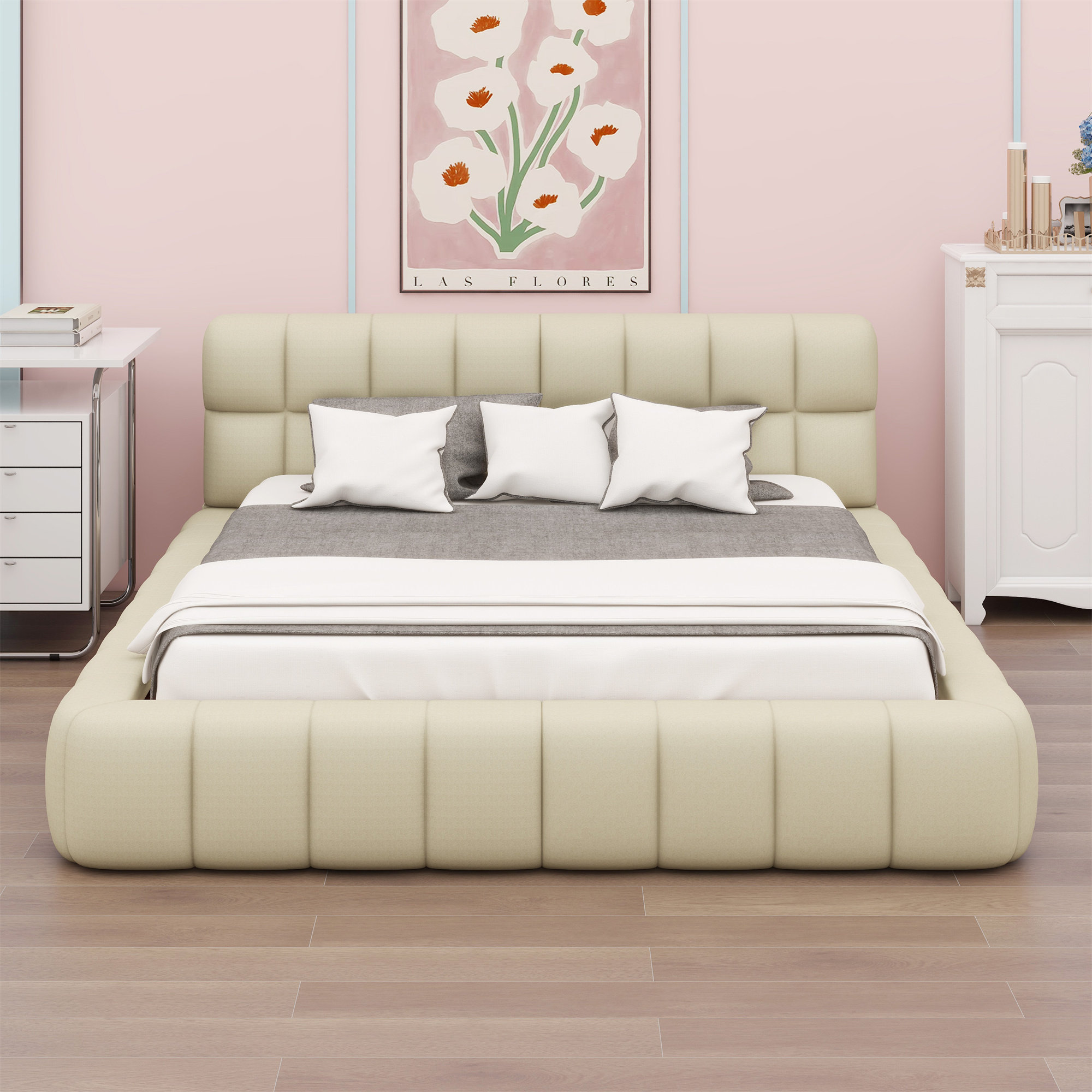 Latitude Run® Upholstered Platform Bed With Thick Fabric, Grounded Bed ...