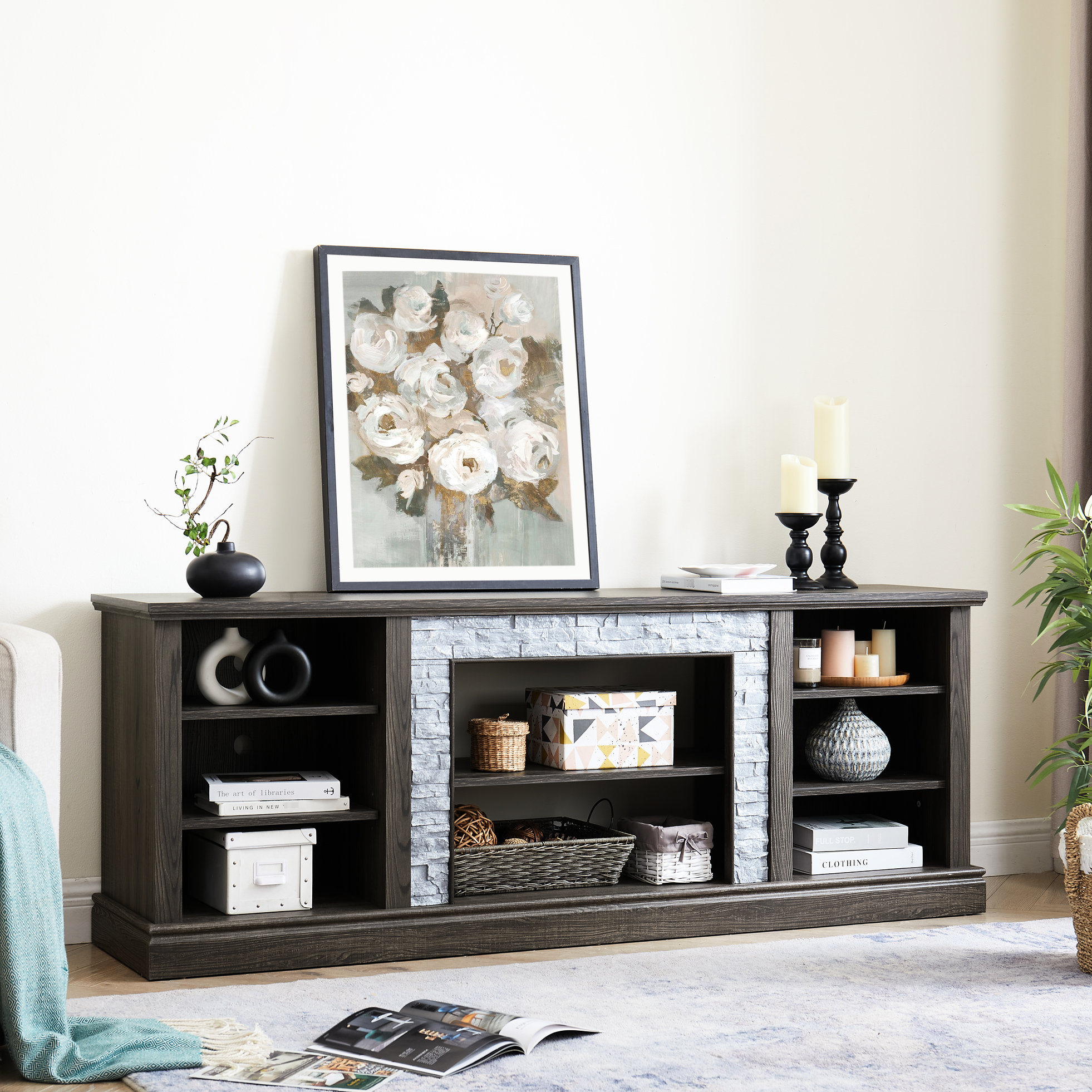 Ophelia & Co. Grey Tv Entertainment Shelf With Faux Stacked Stone ...