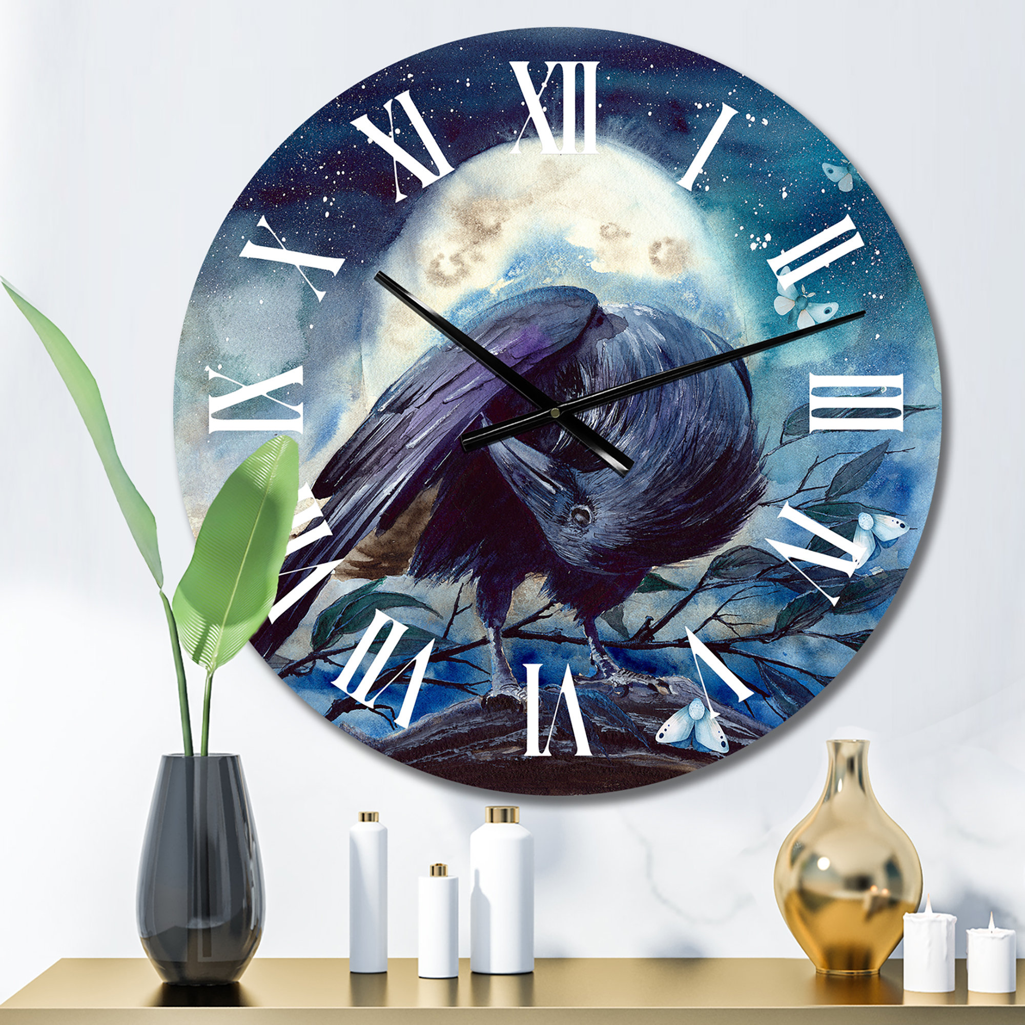 East Urban Home Raven on The Tree Branch with Shining Moon ...