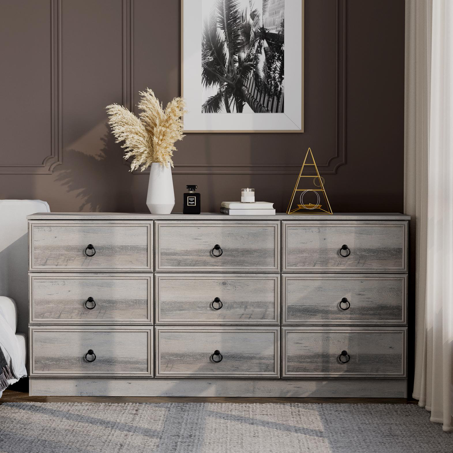 Gracie Oaks Grey Dresser, Dresser for Bedroom with 9 Wood Drawers, 63 ...