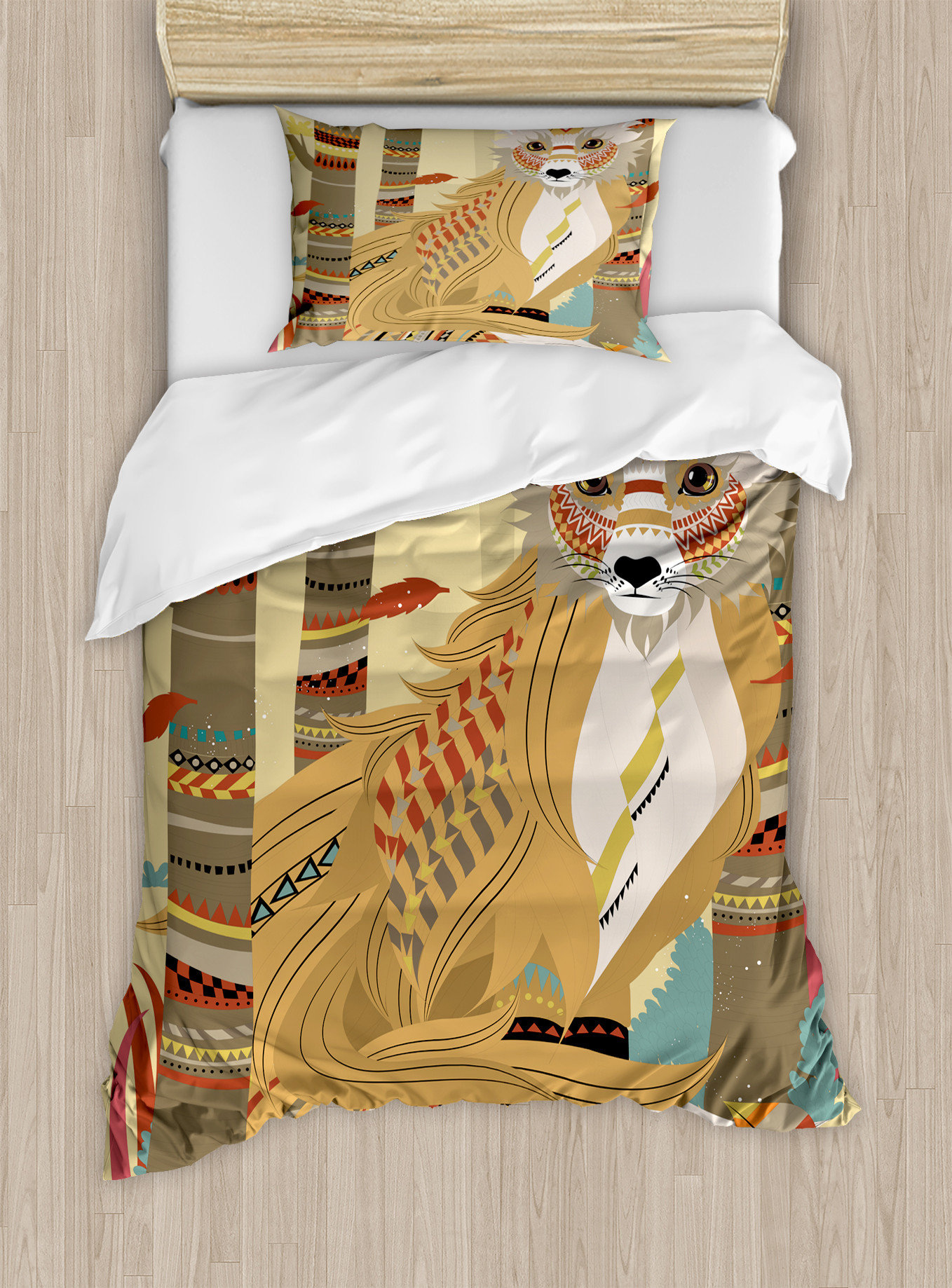 Ambesonne Fox Duvet Cover Set, Fluffy Fox in the Forest, Twin, Pale ...