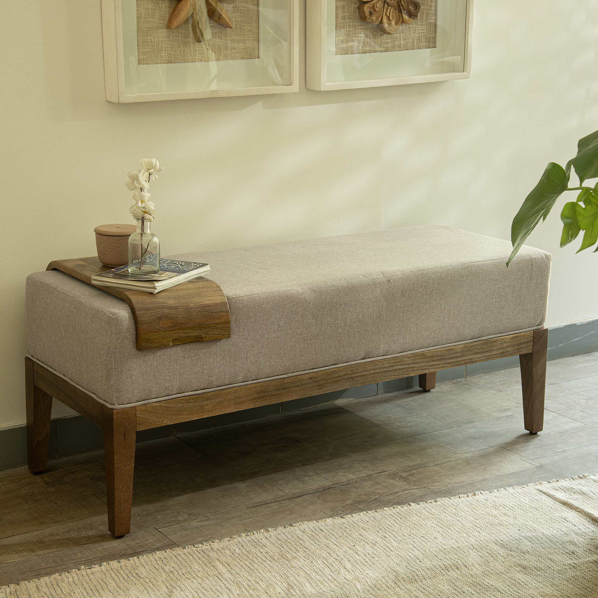 Gracie Oaks Upholstered Wooden Bench with Wooden Slider - Premium Bench ...