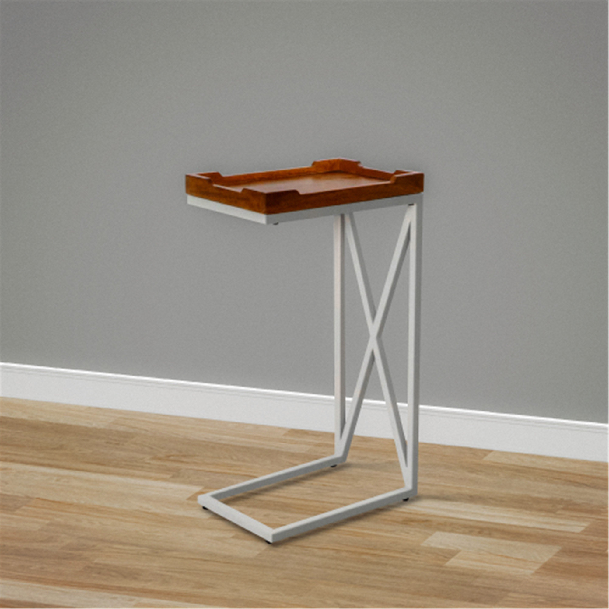 17 Stories 28 Inch Modern C Shape End Table, Mango Wood Tray Top, Iron ...