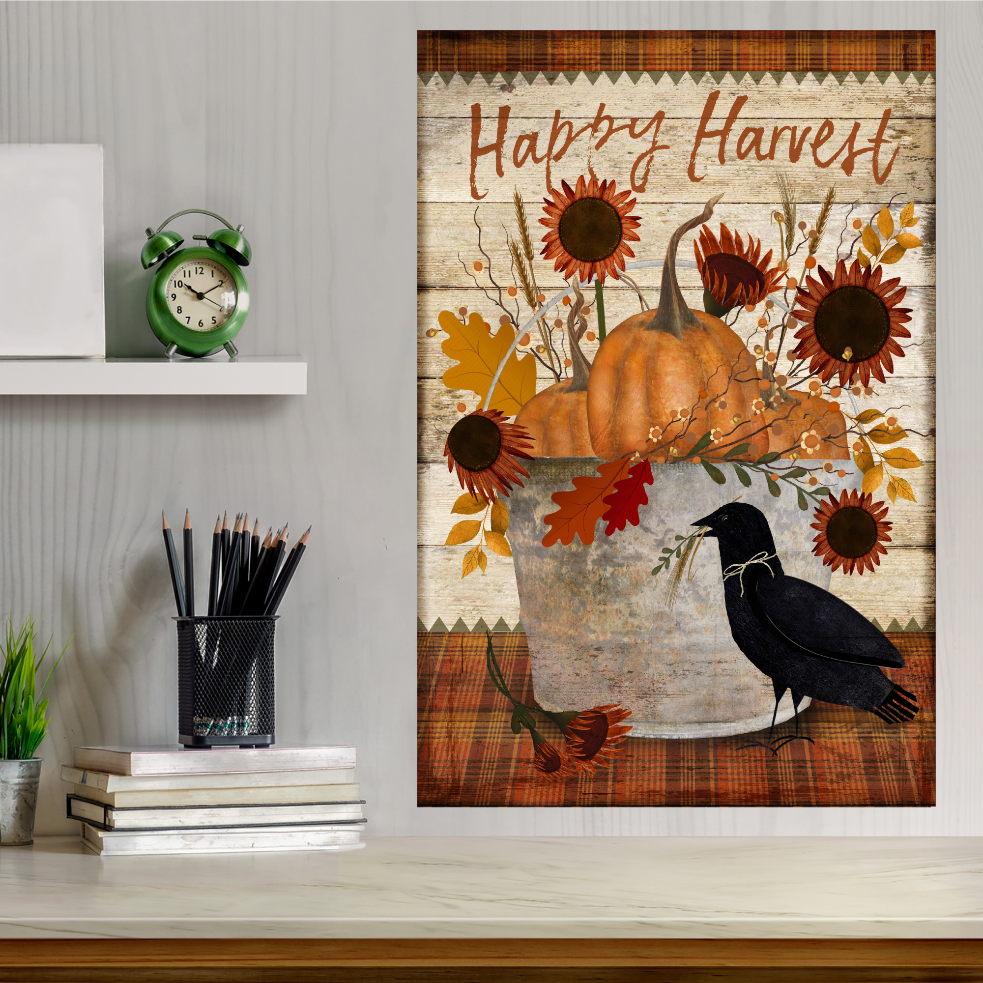 The Holiday Aisle® Happy Harvest Crow Bucket Wall Decal | Wayfair