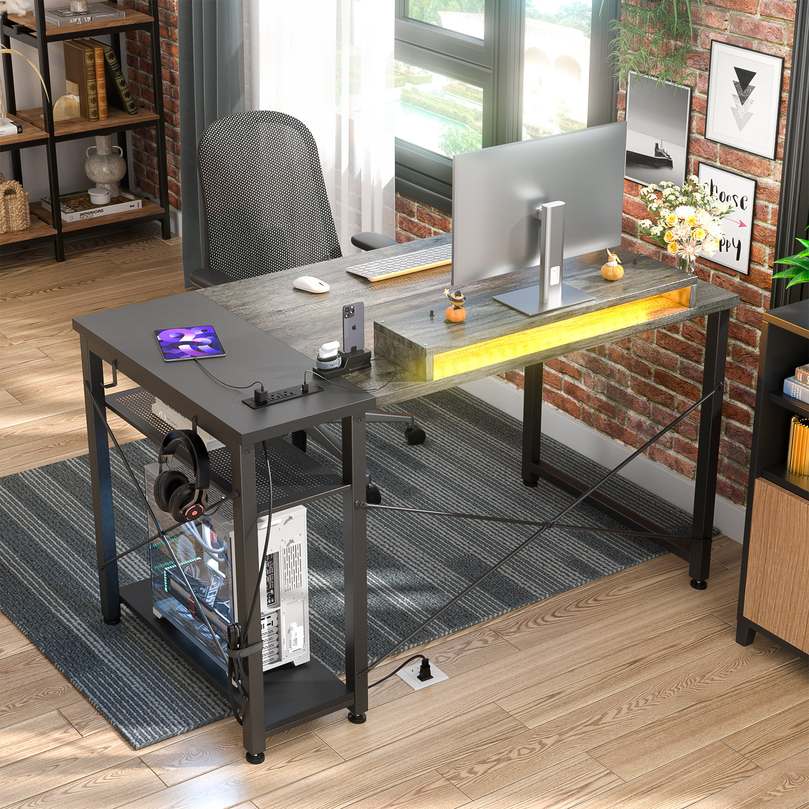 17 Stories Aurielle Computer Desk with Power Outlets and LED Lights ...