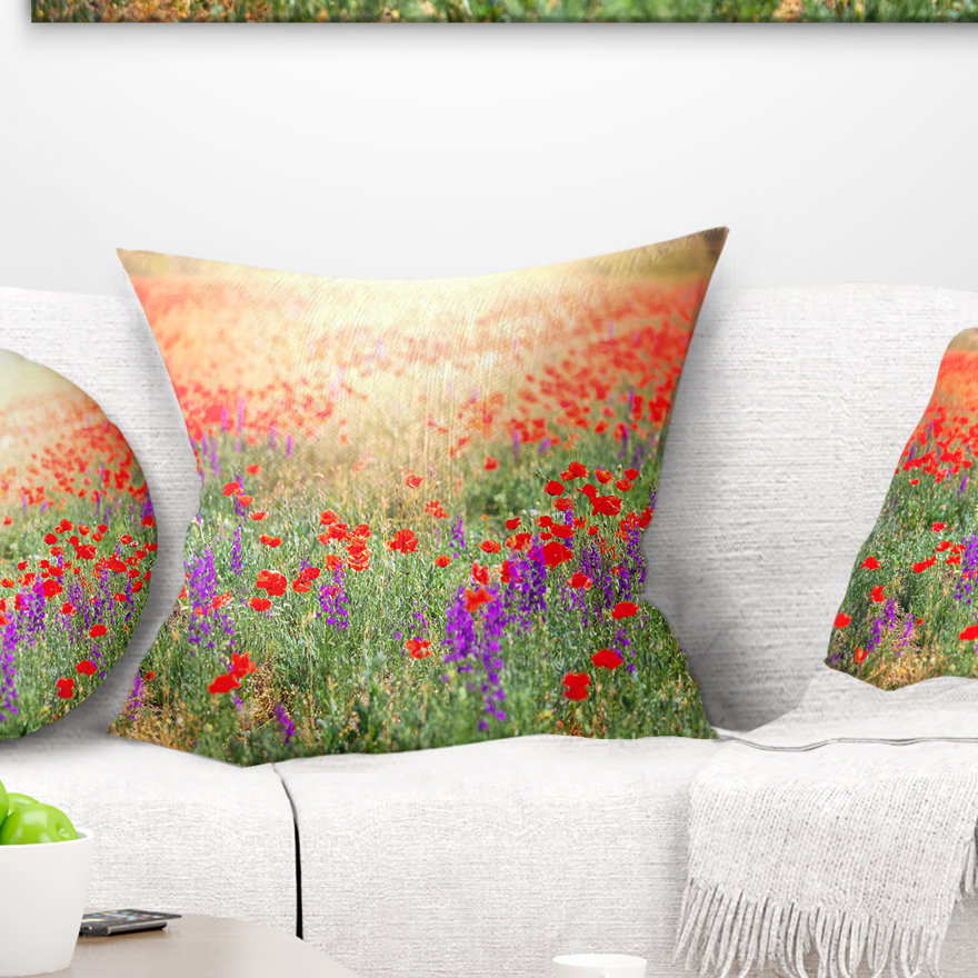 Design Art Expansive Poppy Field At Sunset - Floral Printed Pillow ...