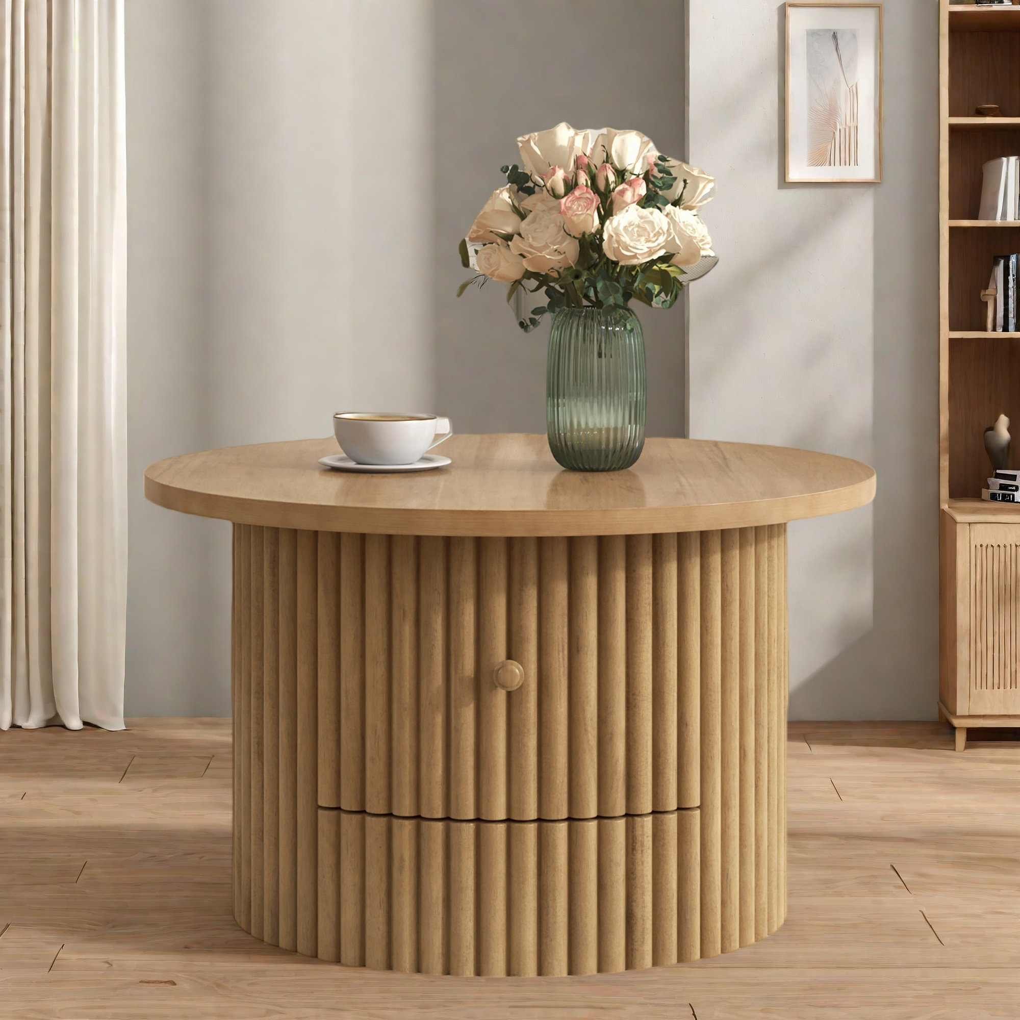 Latitude Run® Round Coffee Table With Vertical Slat Base And A Drawer ...