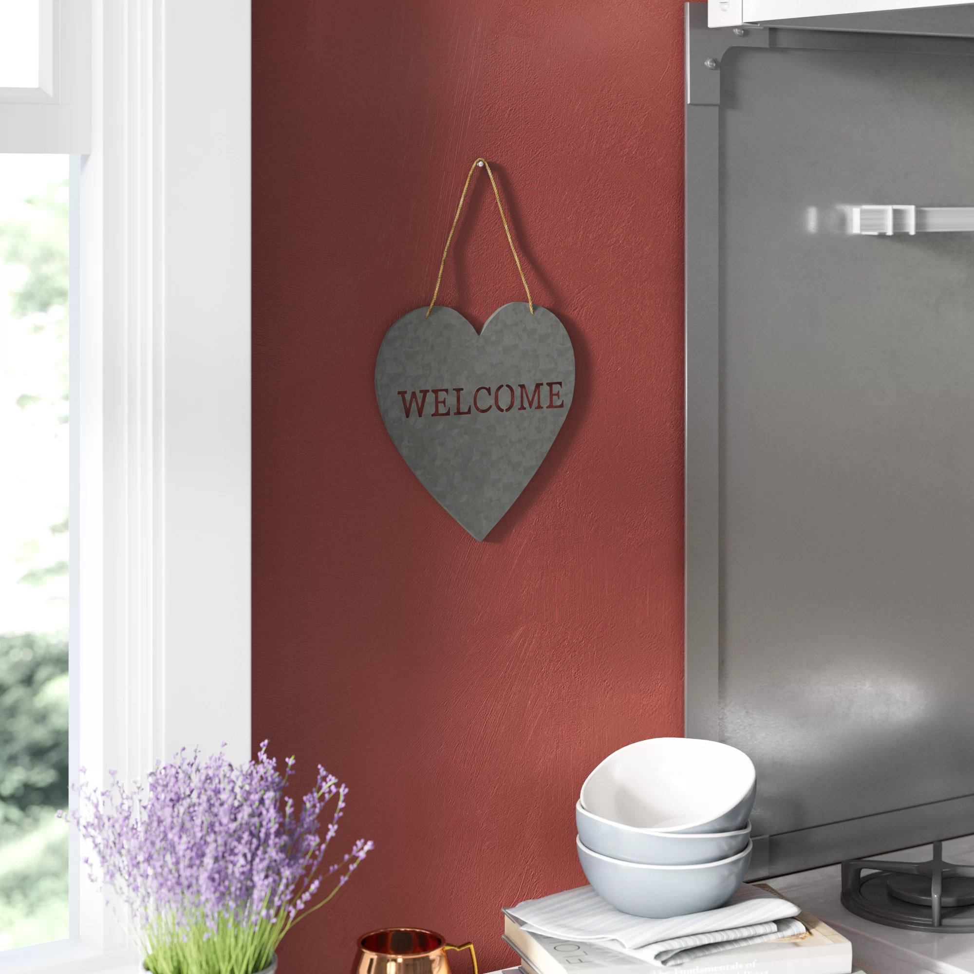 August Grove® 10" Gray Galvanized Metal Heart Shaped Welcome Wall Decor ...