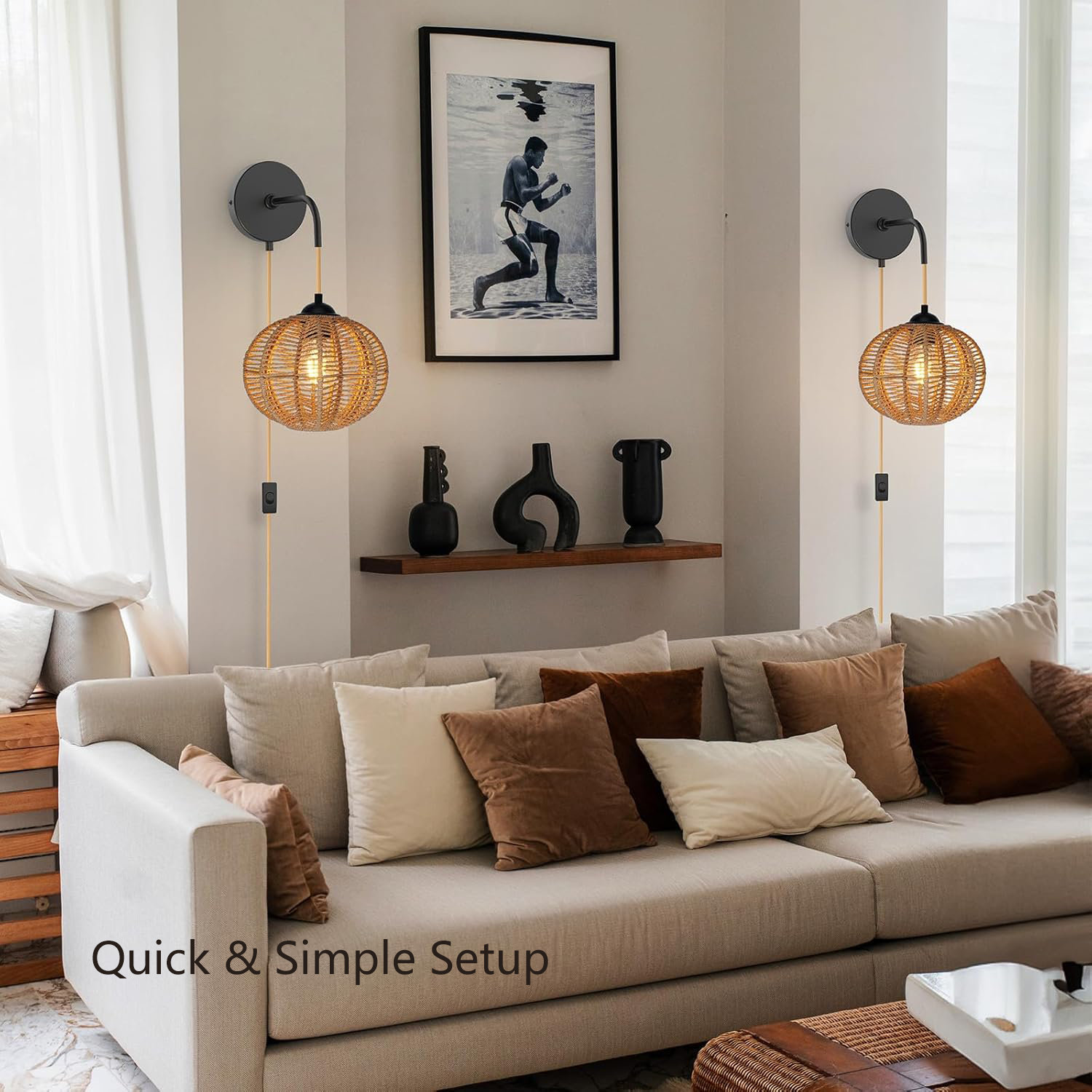 Bay Isle Home™ Plug in Wall sconces Set of 2,Handwoven Boho Wall Decor ...