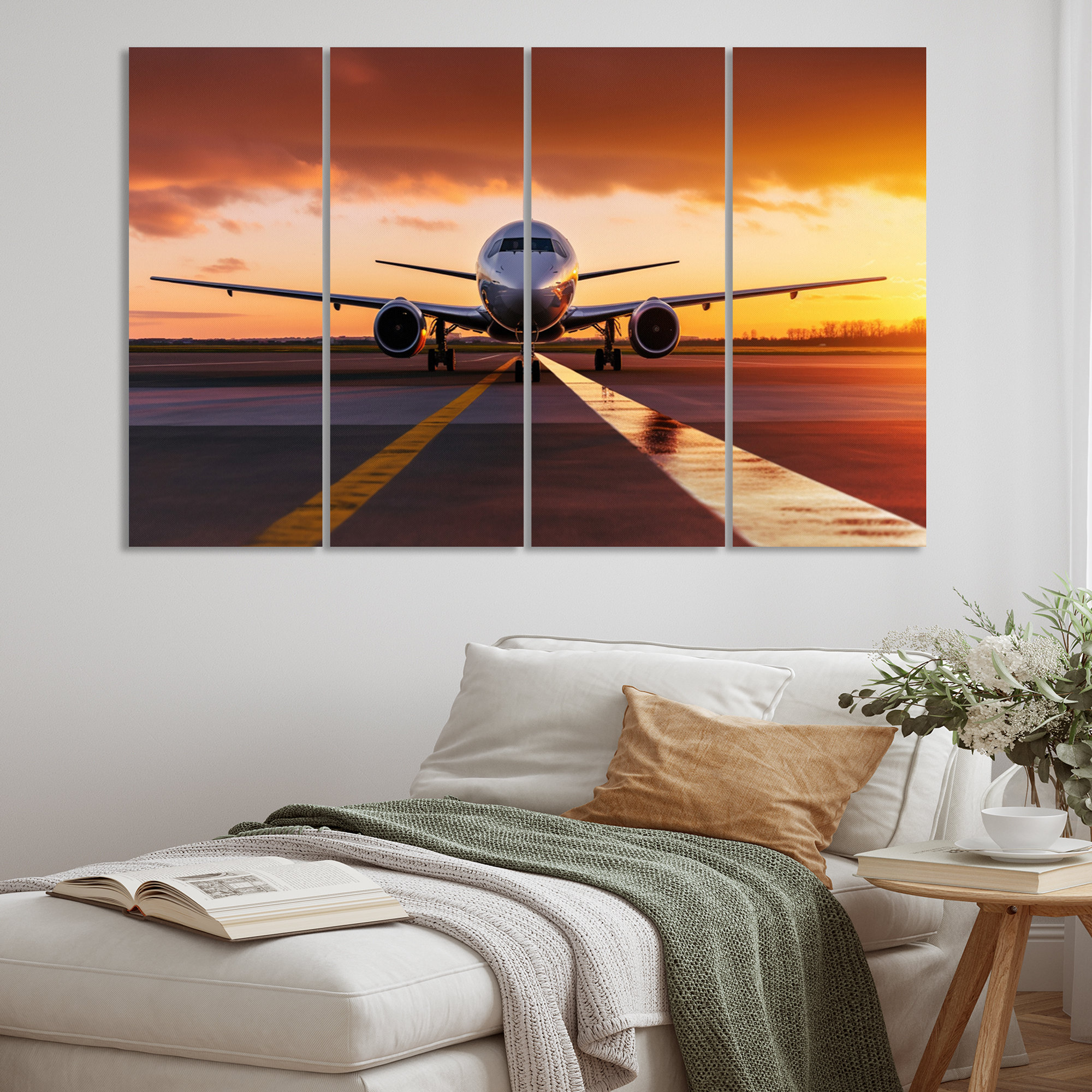 Design Art Airplane At Sunset II - Transportation Wall Decor - 4 Panels ...
