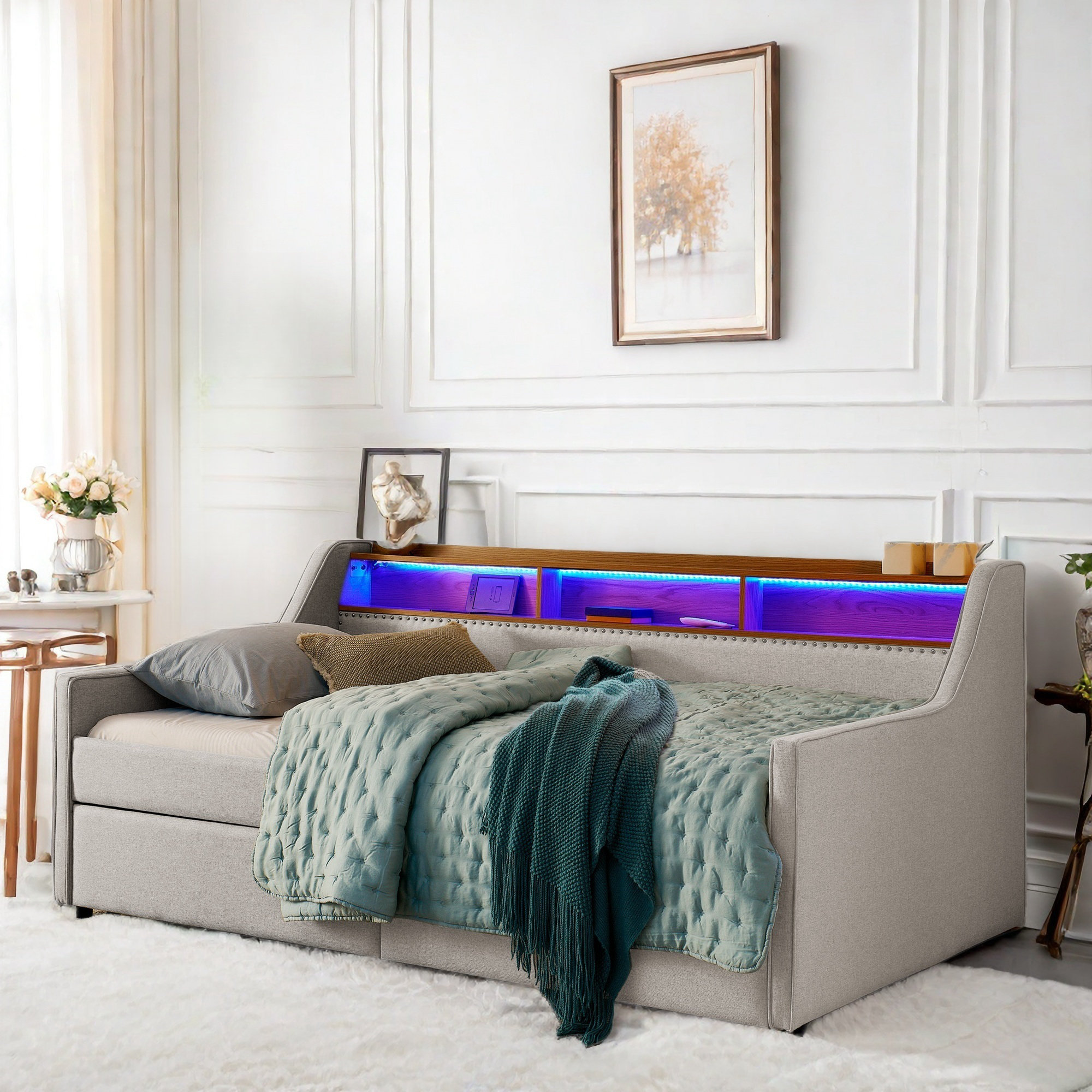 Red Barrel Studio® Upholstered Daybed With 2 Drawers, Led Lights ...