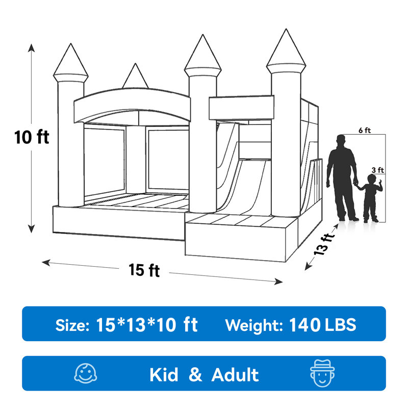 Connsann 15' x 13' Commercial PVC White Bounce House with Slide and ...