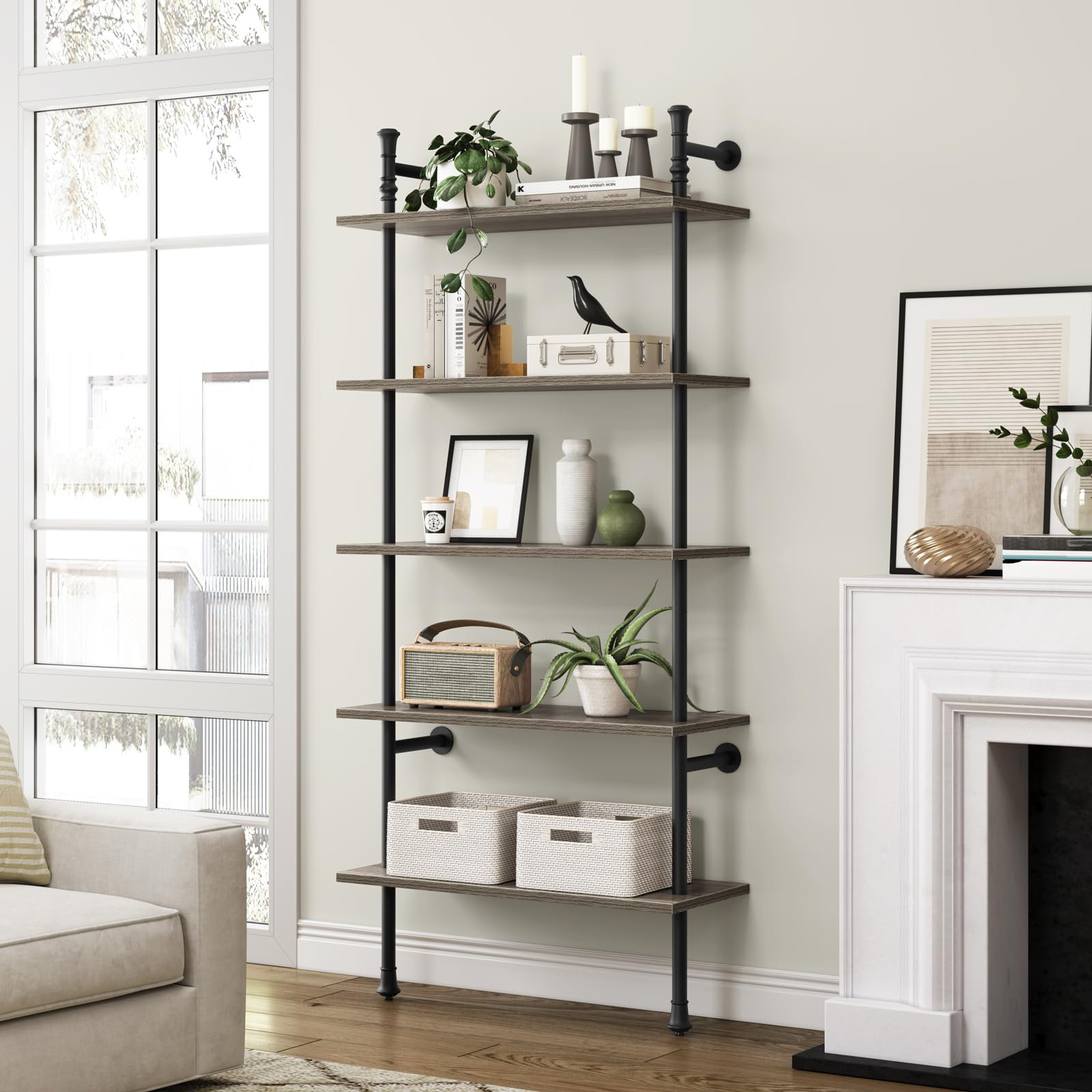 17 Stories 5 Shelf Wall Mounted Industrial Style Bookshelf, Vertical ...