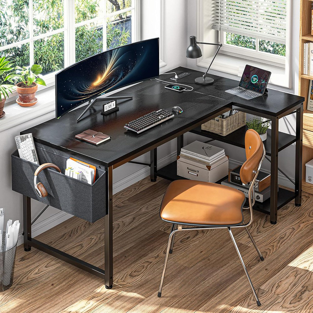 Ebern Designs 48 Inch L Shaped Desk With Storage Shelves & Side Bag ...