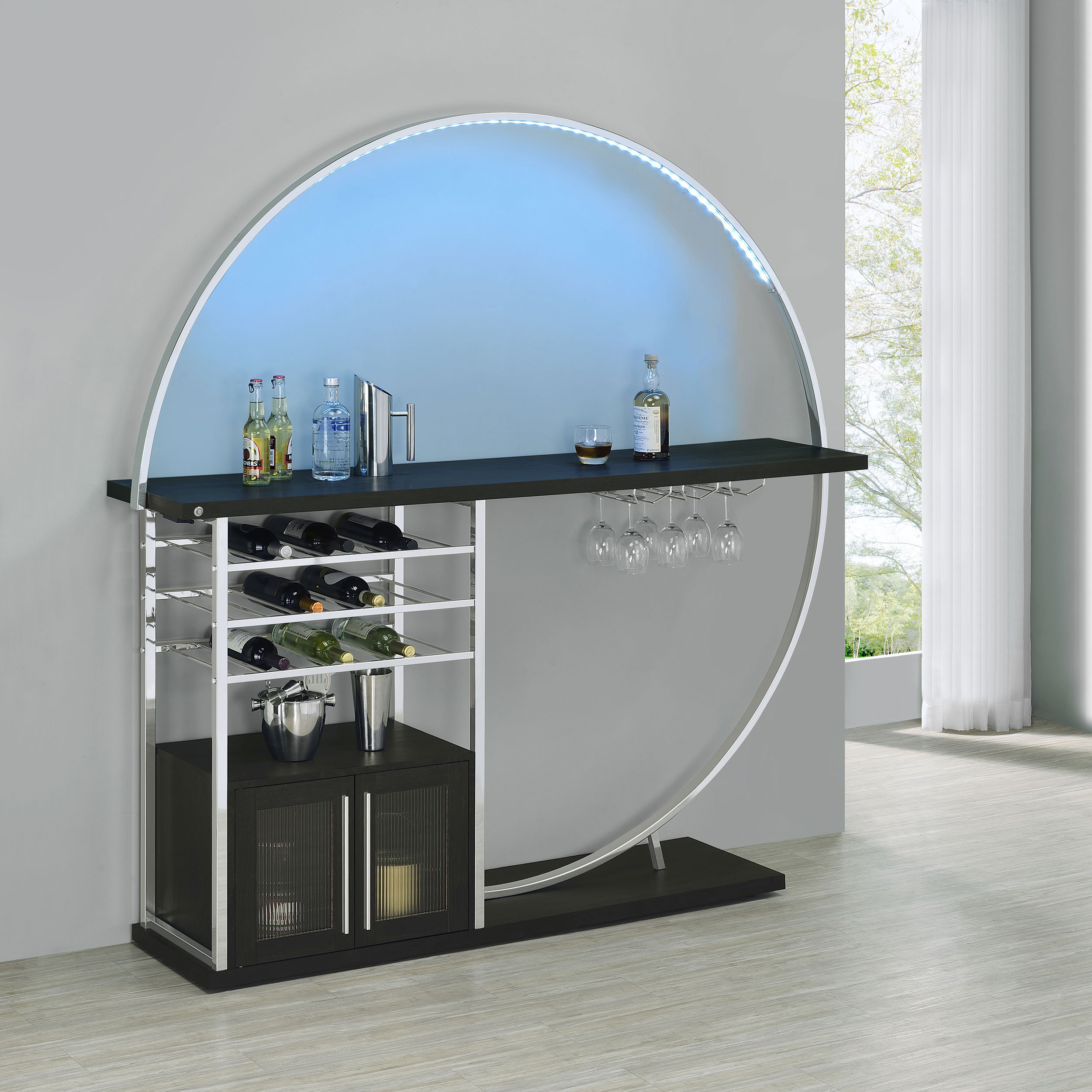 Orren Ellis Risley 2-Door Circular LED Home Bar Cabinet High Gloss ...