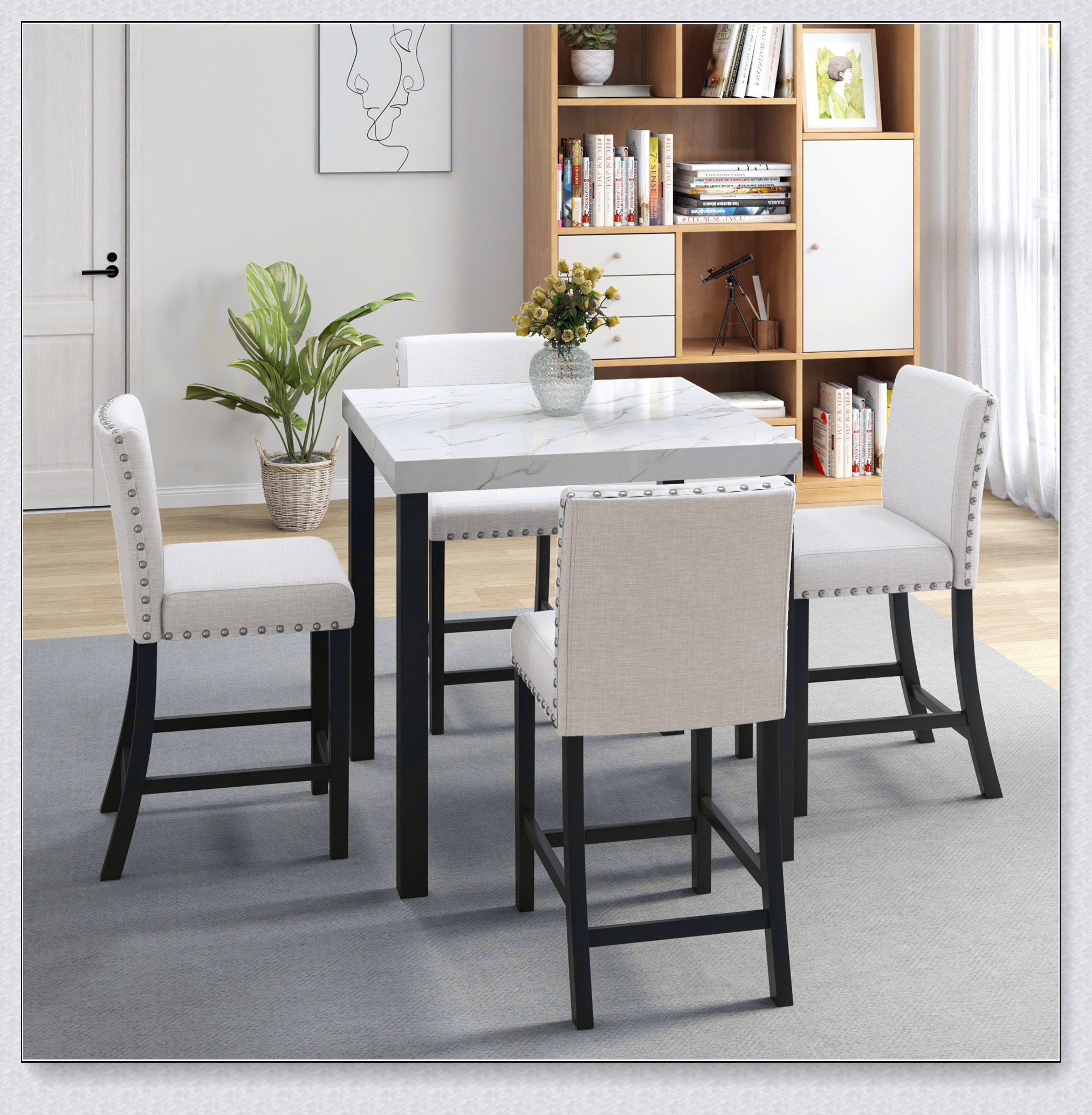 Mercer41 Five-piece dining set with imitation marble tabletop ...