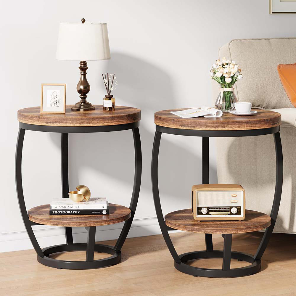 17 Stories Round End Table Set Of 2, 2 Tier Industrial Side Table ...