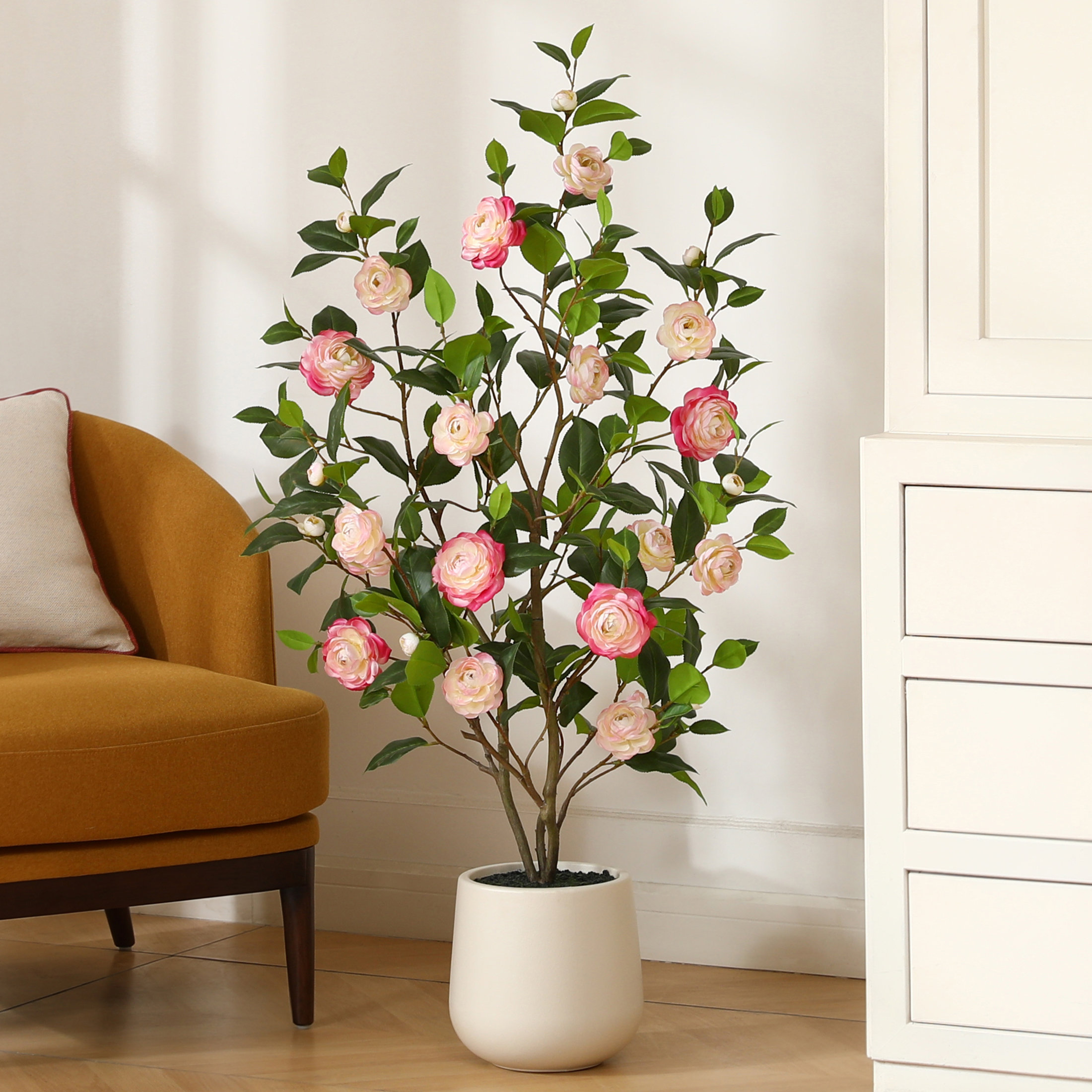 Primrue Adcock 4ft Artificial Camellia Tree with 9 inch White Planter ...