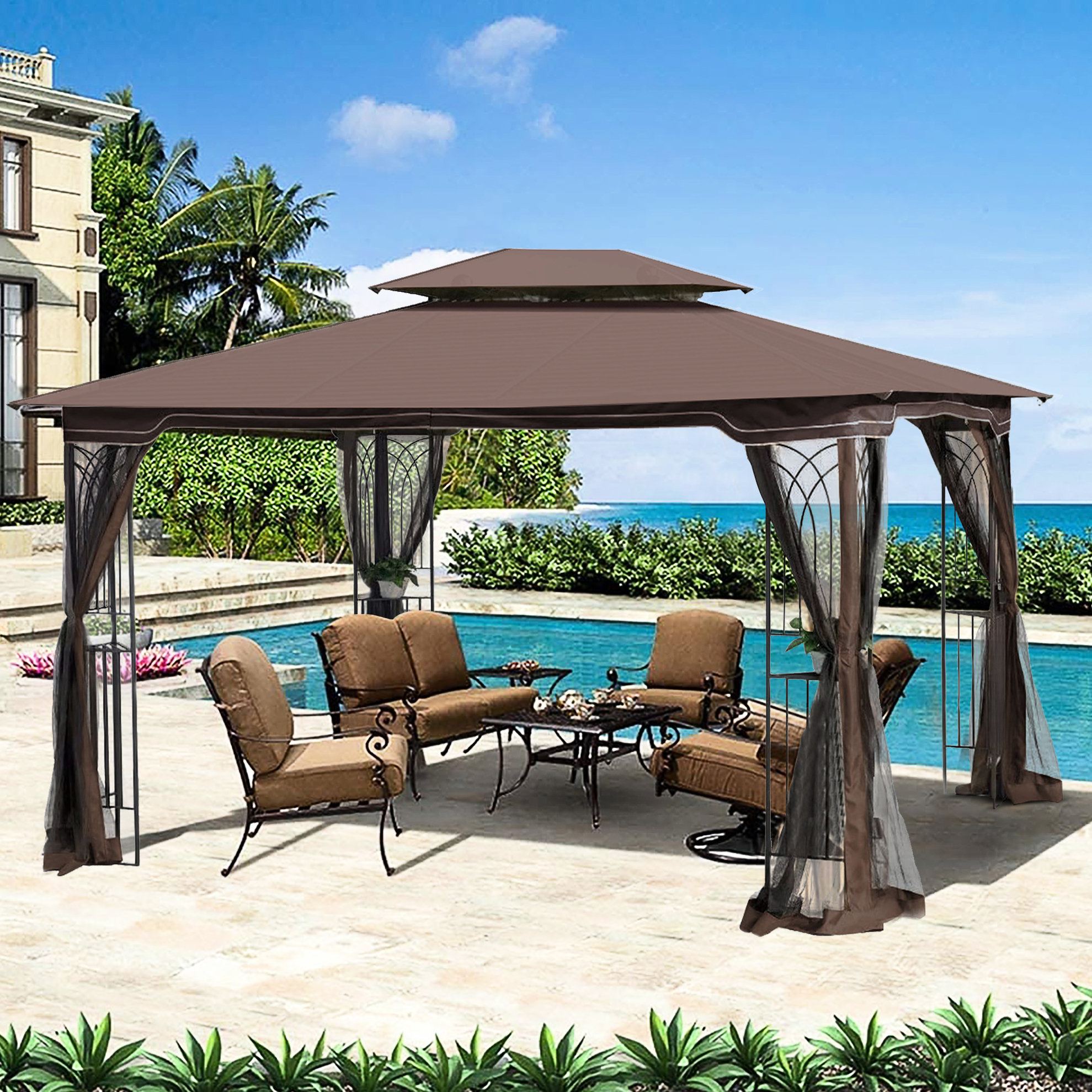 Hokku Designs Outdoor Patio 13X10 Gazebo With Rust- Frame And Mesh ...