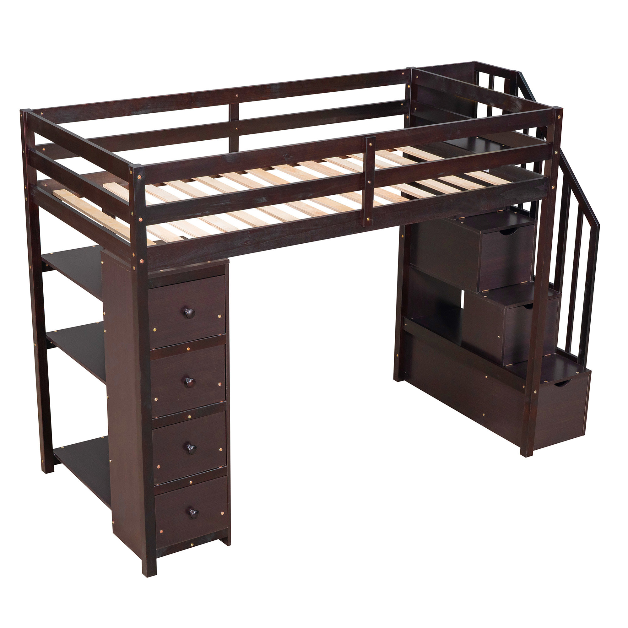 Harriet Bee Twin Size Loft Bed With Storage Drawers And Stairs, Wooden ...