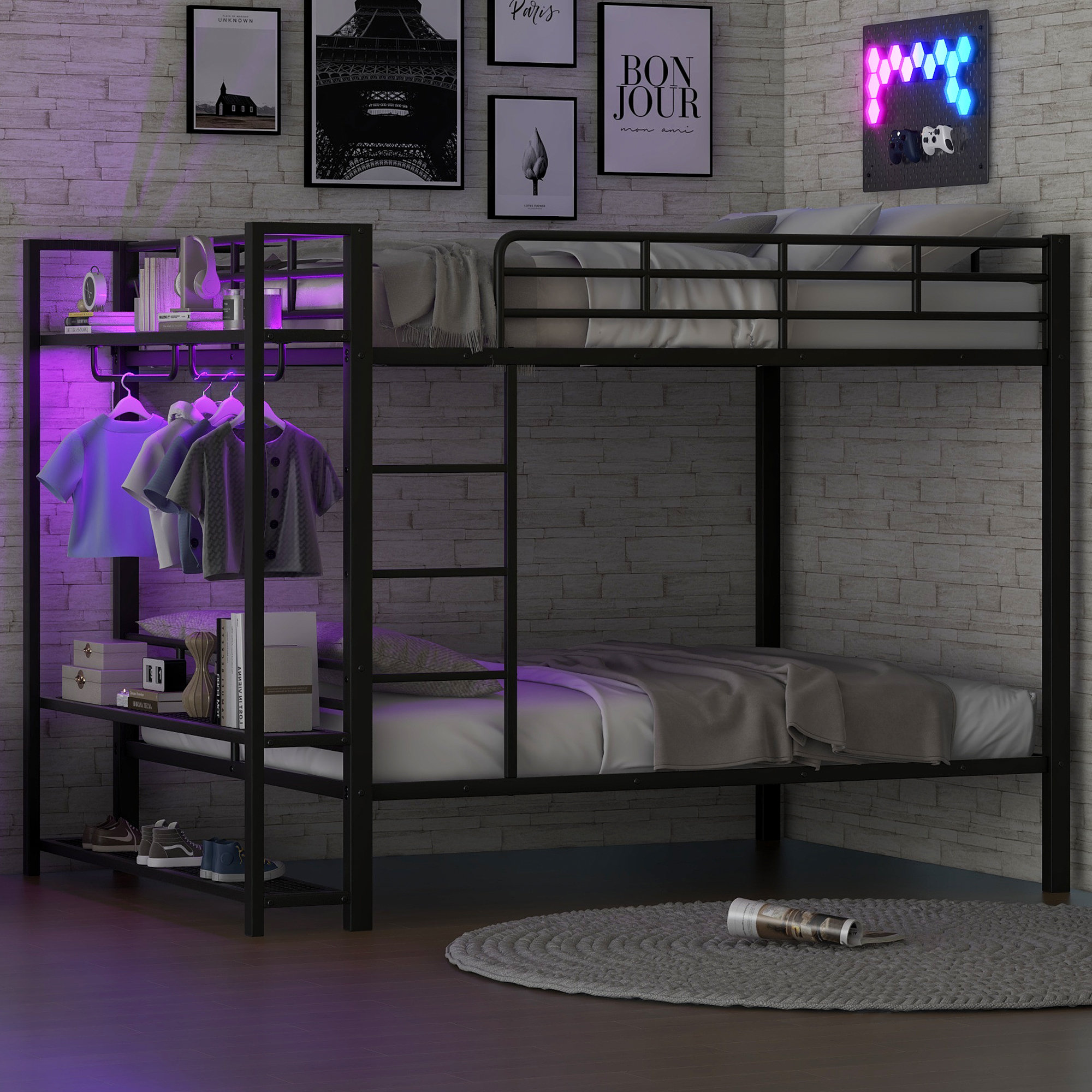 Latitude Run® Full Size Metal Bunk Bed with LED Lights, Mesh Storage ...