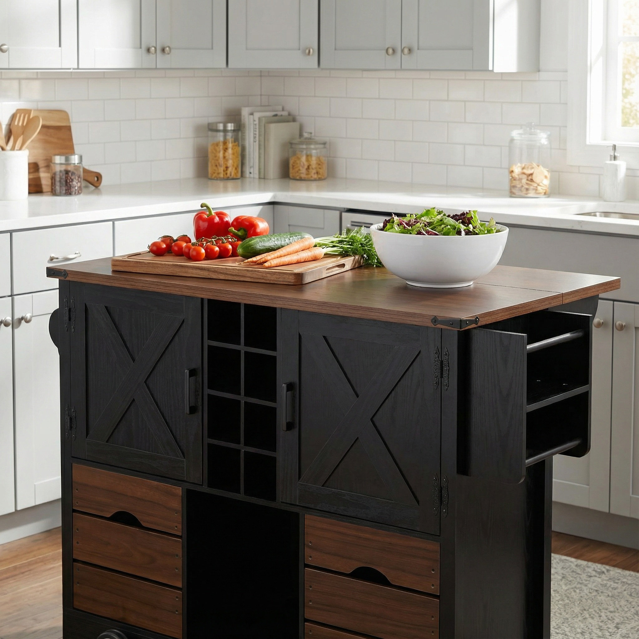 August Grove® 54" White Farmhouse Kitchen Island with Drop Leaf, Power ...