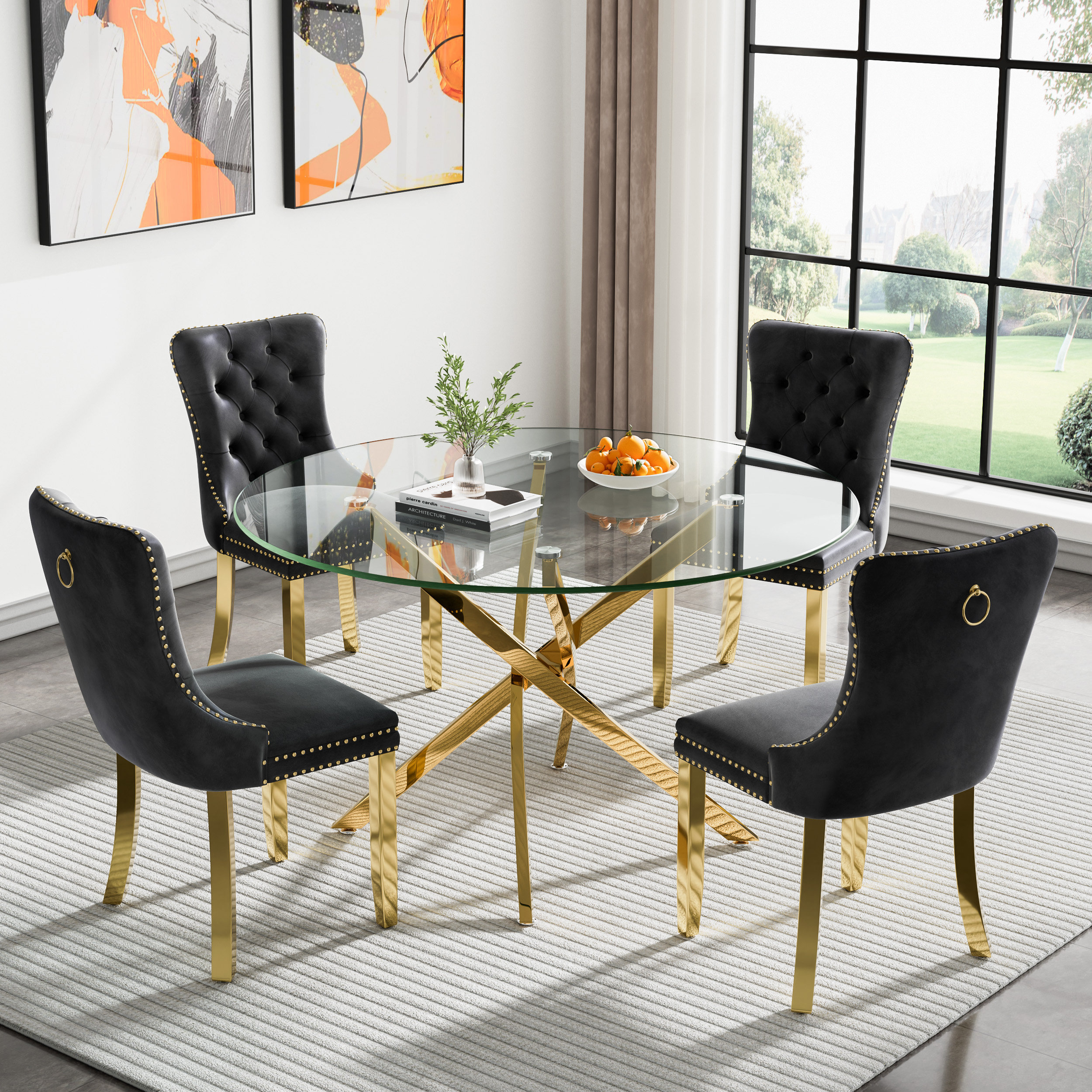 House of Hampton® 47.24" Gold Glass Dining Table Set, Modern Dining ...