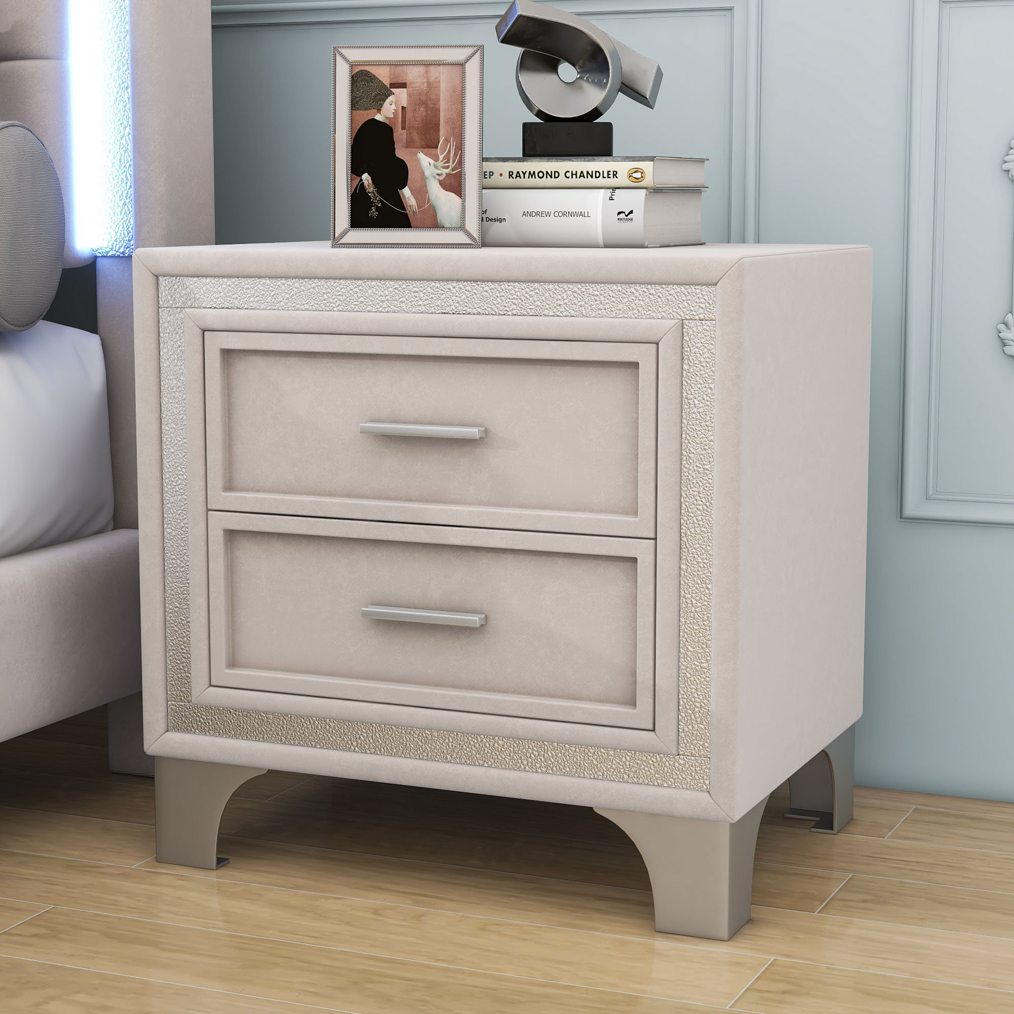 Alcott Hill Cristien Velvet Upholstered 2 Drawers Nightstand with Metal ...