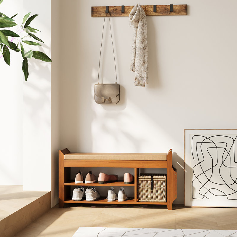 Red Barrel Studio 7-Pair Capacity Red-Brown Bamboo Shoe Bench with ...