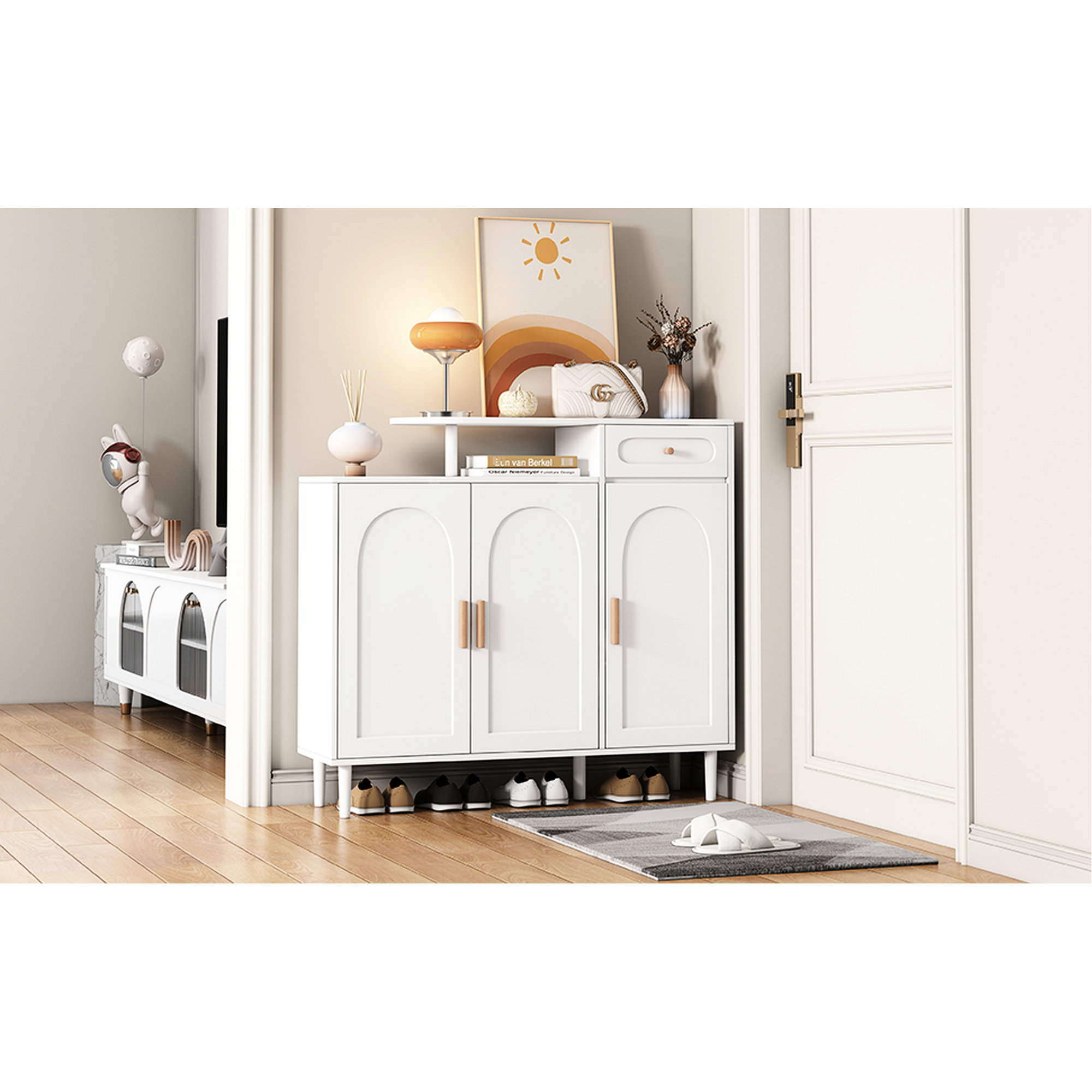 Latitude Run® Arched Door Shoe Cabinet In White, With Adjustable ...