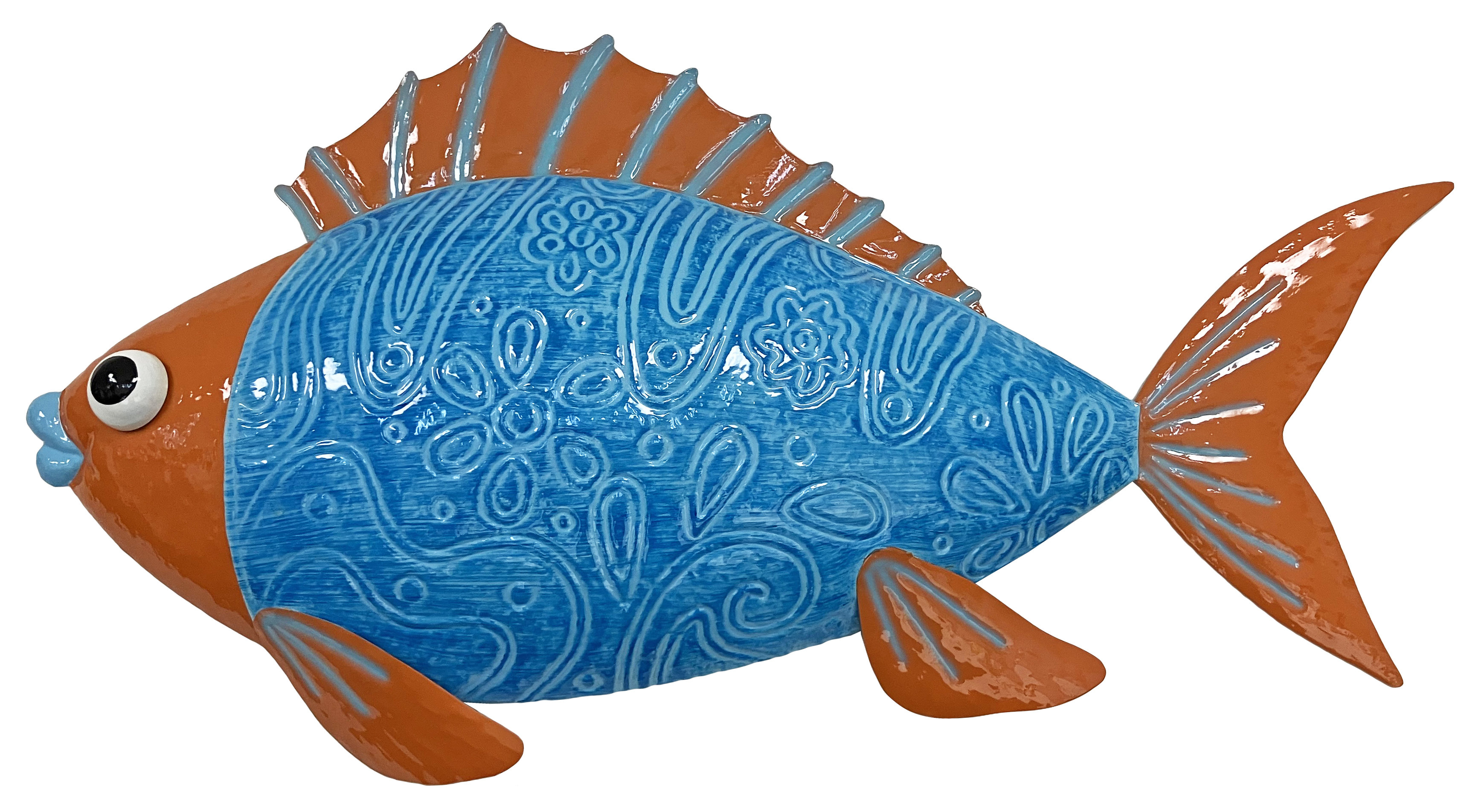 Highland Dunes Colorful Enameled Blue and Orange Metal Fish Wall Plaque ...