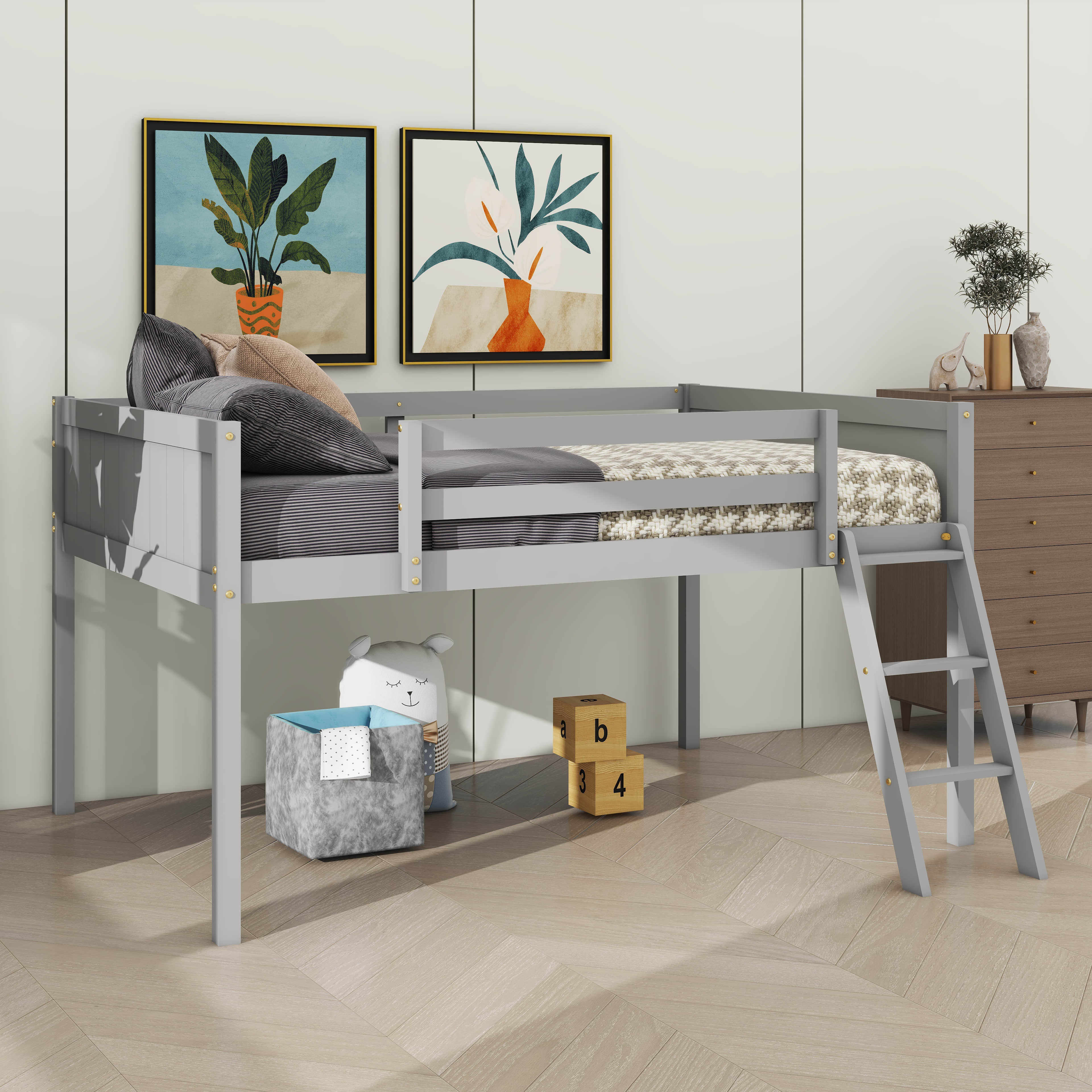 Harriet Bee A Full-Sized Wooden Low Loft Bed Equipped With A Ladder ...