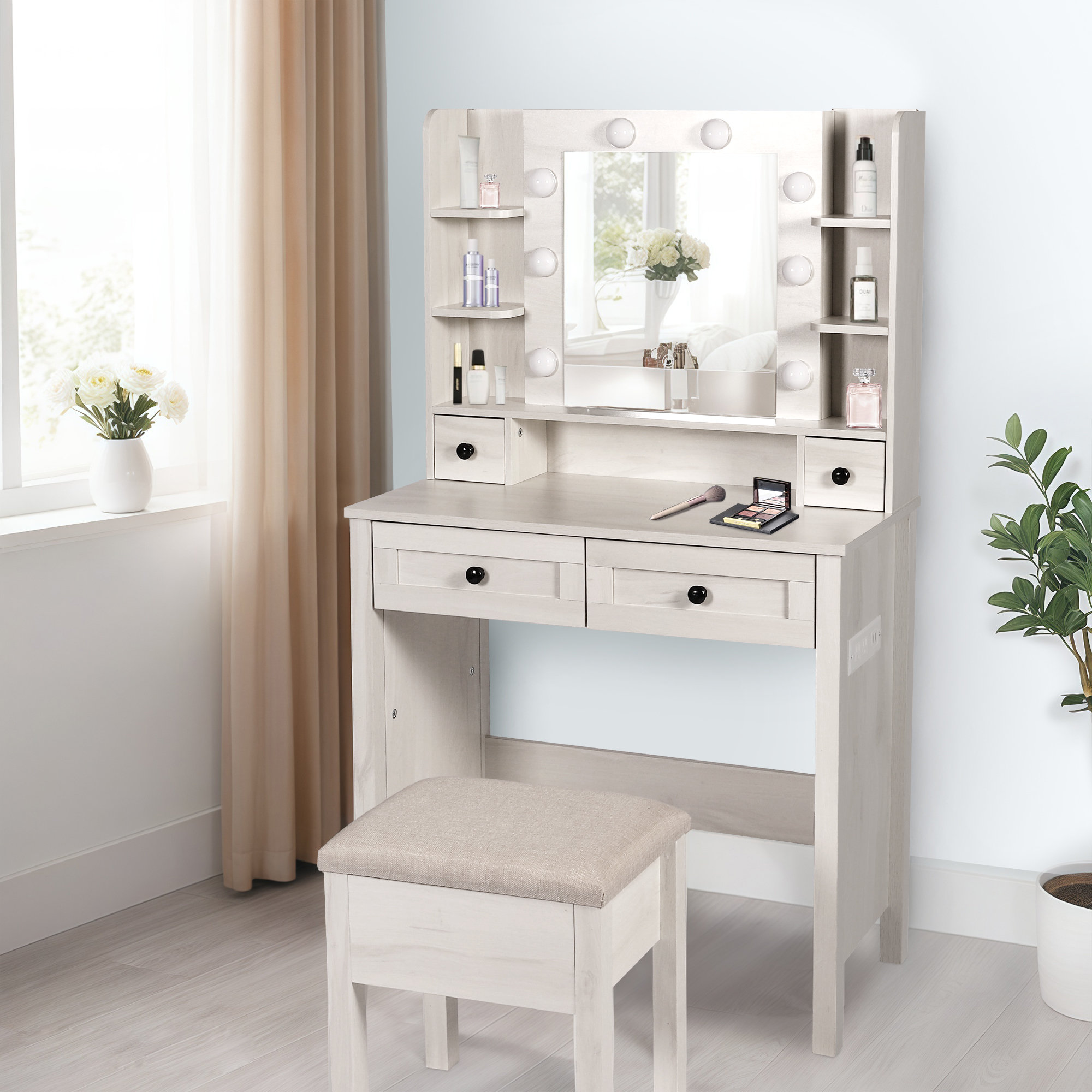 Ebern Designs Dressing Table With Built-In Outlets And Led Lighted ...