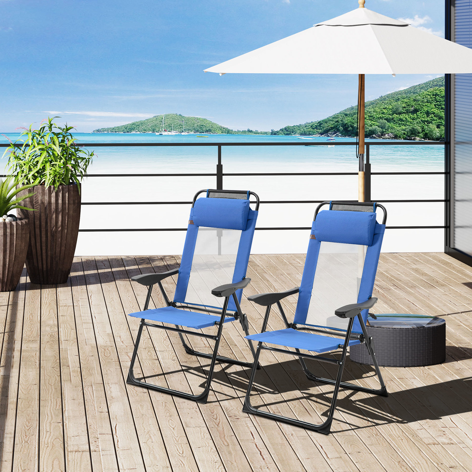 Arlmont & Co. 2pcs Folding Patio Chairs, Blue Adjustable Sling Back ...