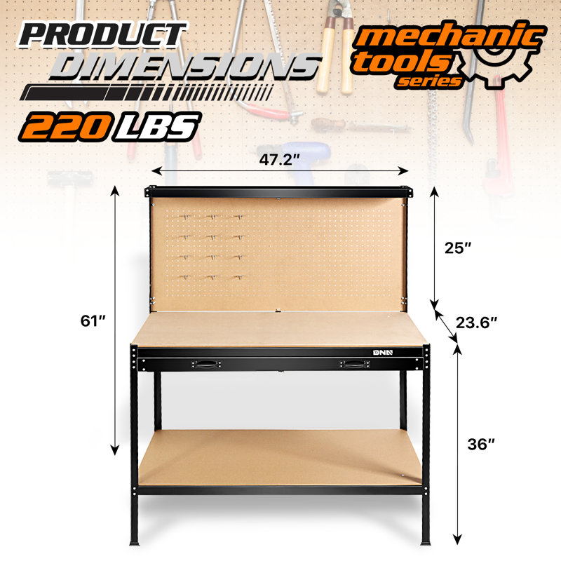 Williston Forge 47" Work Table Garage Workshop Workbench With Pegboard ...