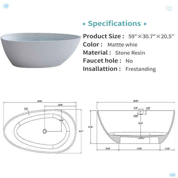 VODYXSEP 59'' Solid Surface Matte Tub, Freestanding Solid Surface Resin ...