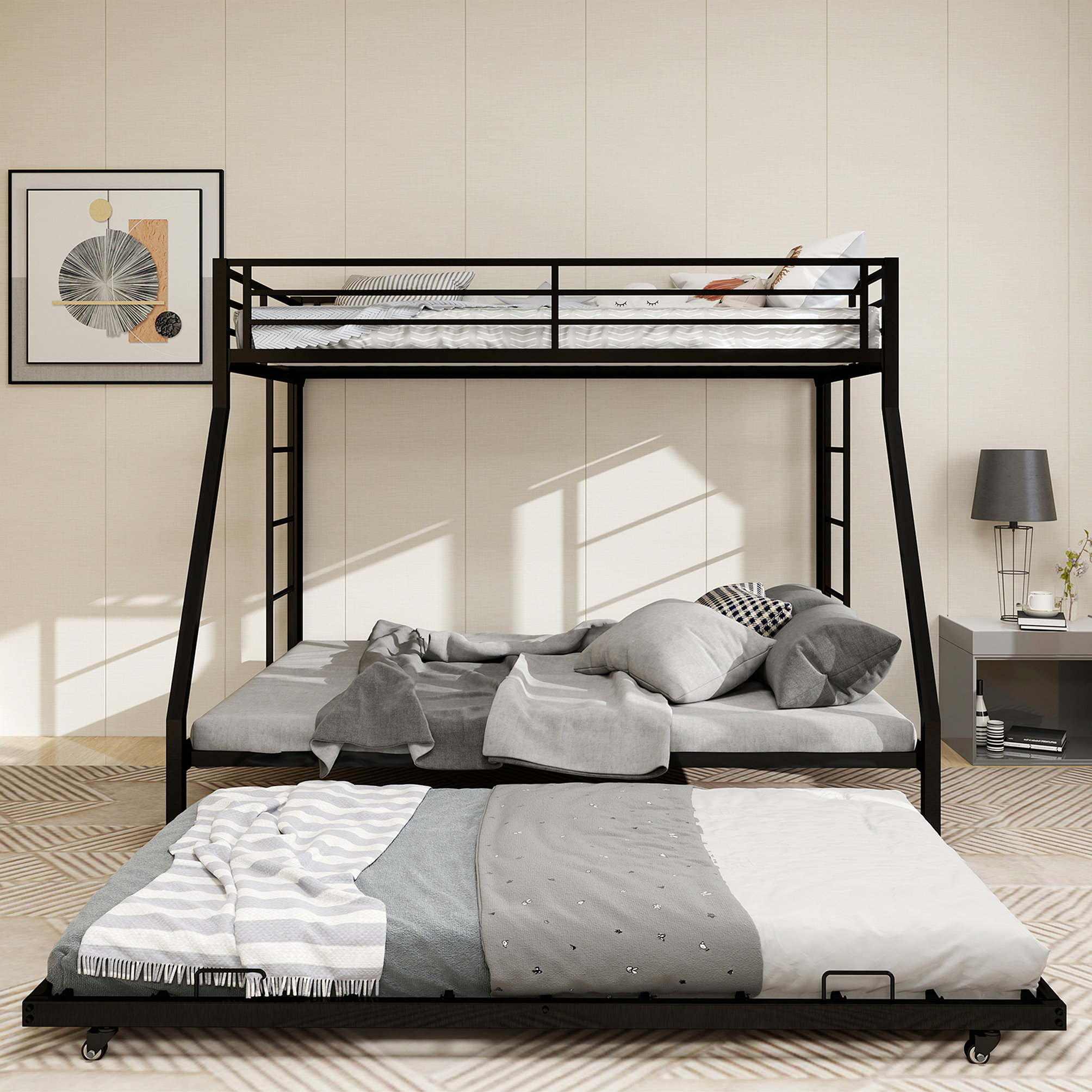 Latitude Run® Square Tube Bunk Bed, Featuring Ladder & Rolling Trundle ...