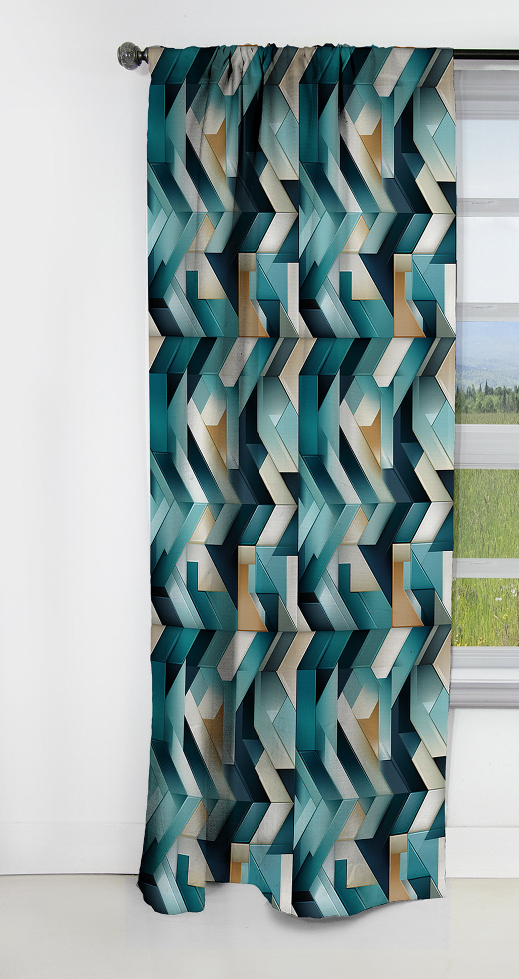Design Art Teal Modern Geometric Tiles II - Abstract Curtain - Blackout ...