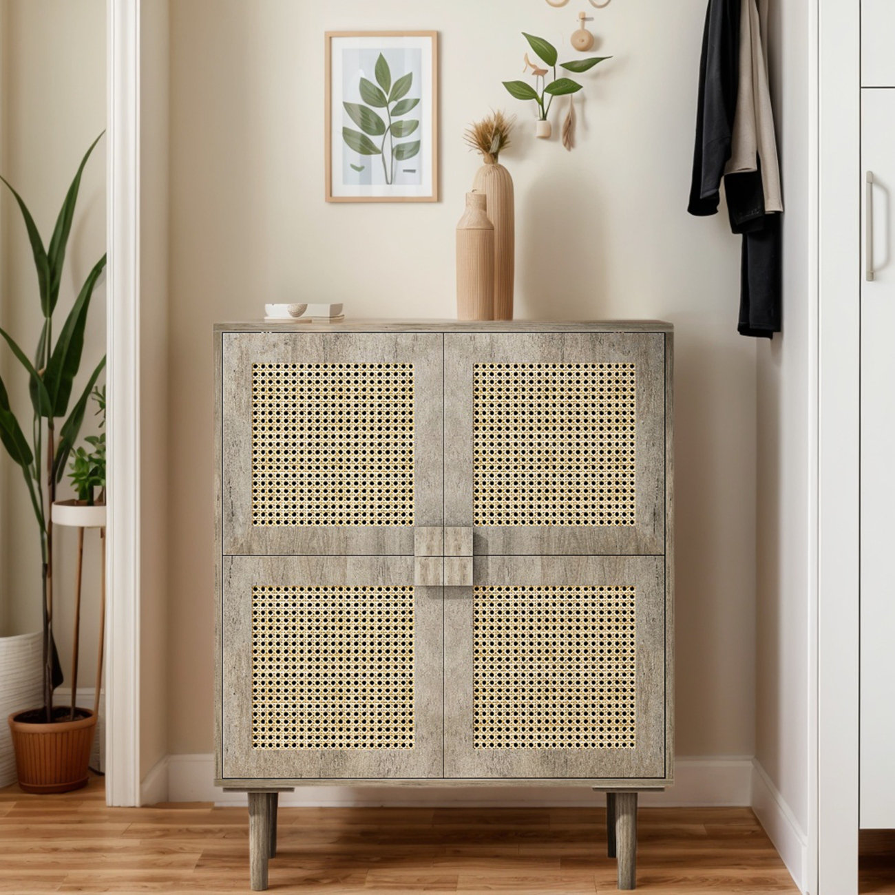 Ebern Designs 4-Doors Rattan Mesh Storage Cabinet Sideboard With Eight ...