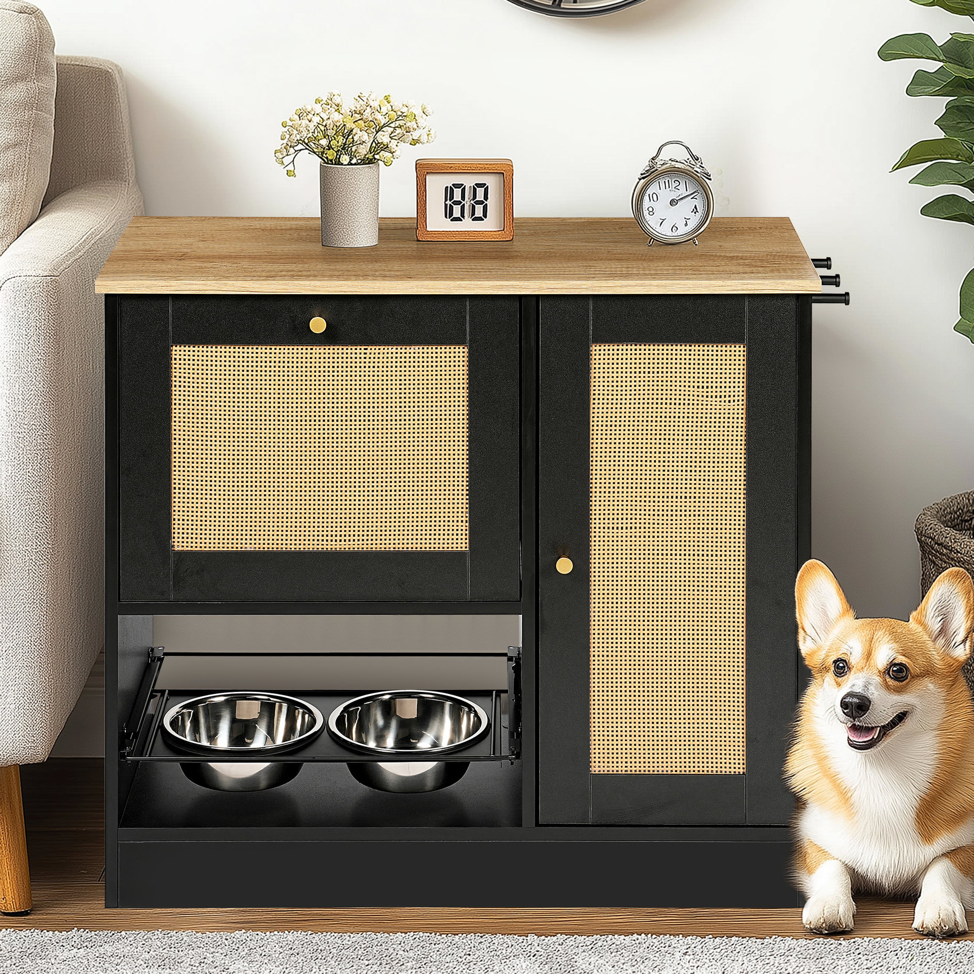 Hokku Designs Pet Feeding Table With 2 Lockers, Tipping Kit, 8.5 X 2.15 ...