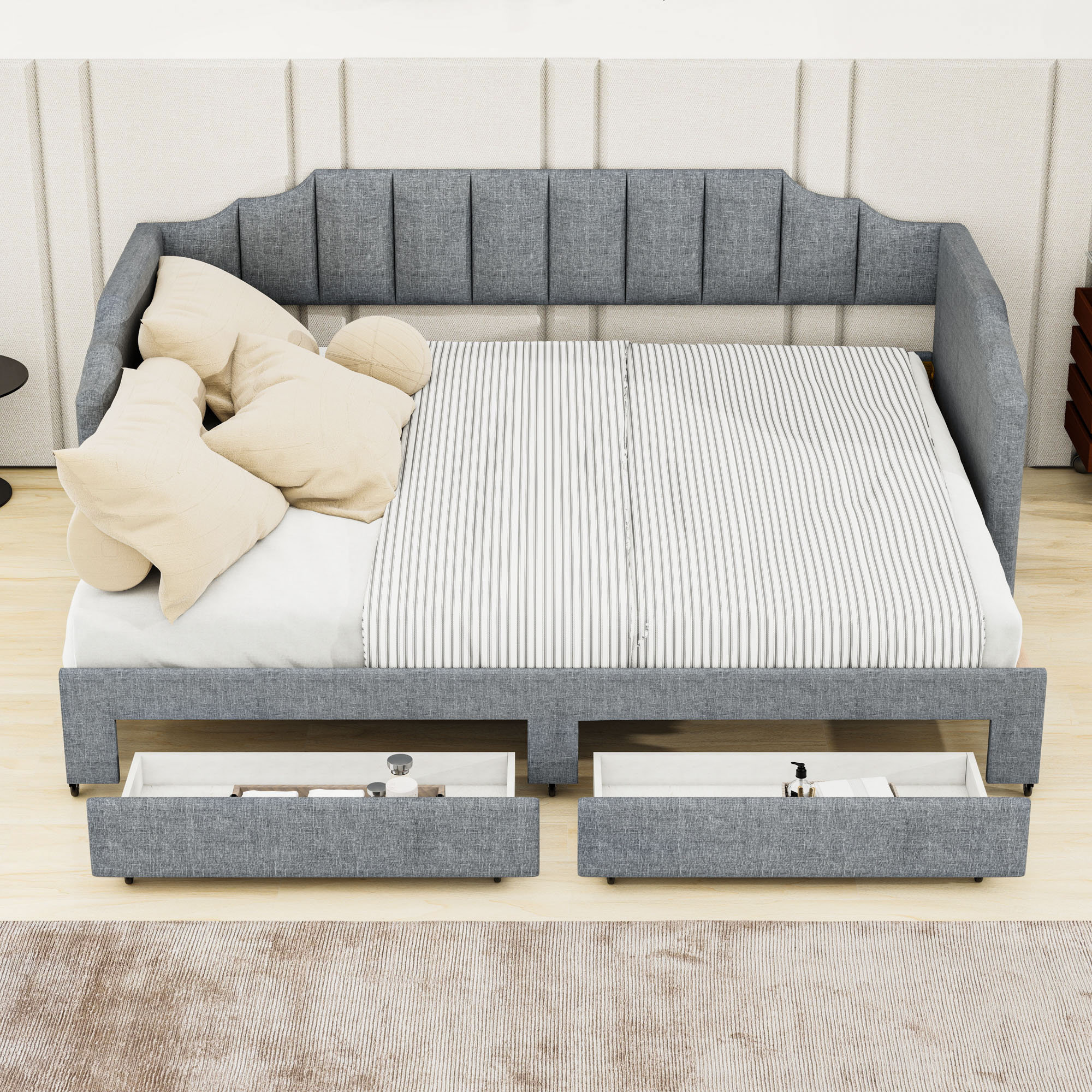 Ivy Bronx Twin XL Upholstered Daybed with 2 Drawers and Trundle and LED ...