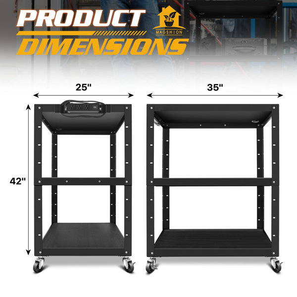 Magshion 3-Tier Steel Utility Cart With Wheels & Power Strip, 35"X25 ...