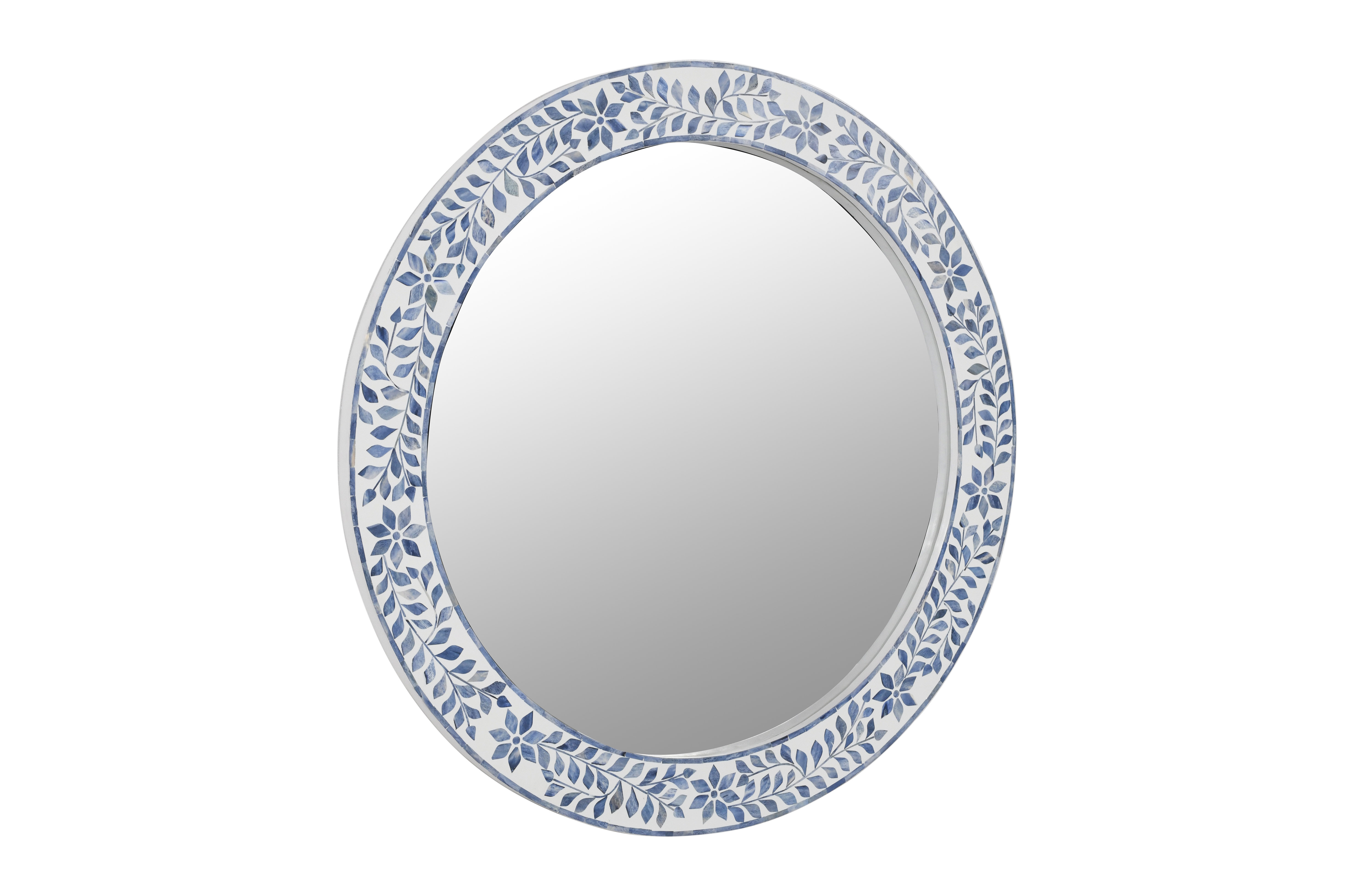 Winston Porter Blue Leaf Bone Inlay 34" Round Mirror | Wayfair