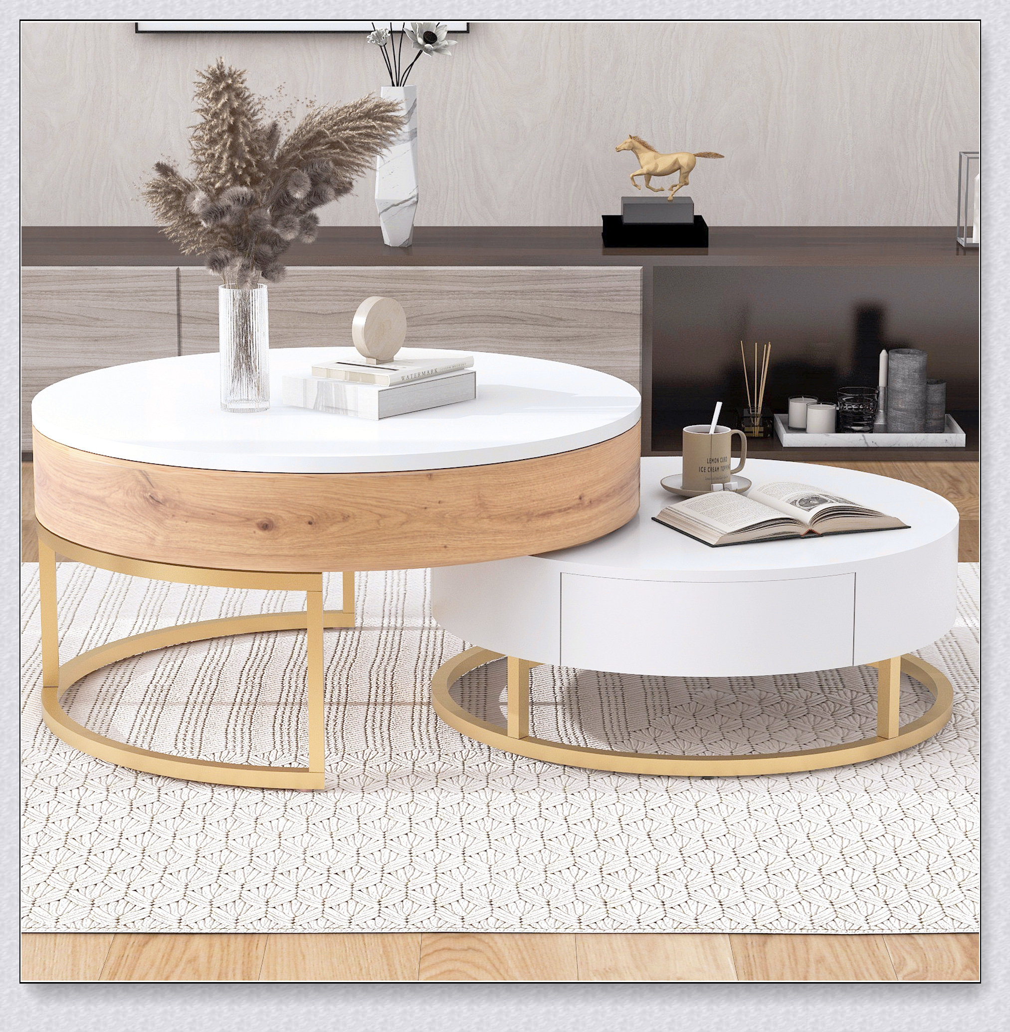 Think Urban Modern Round Lift-top Nesting Coffee Tables with 2 Drawers ...