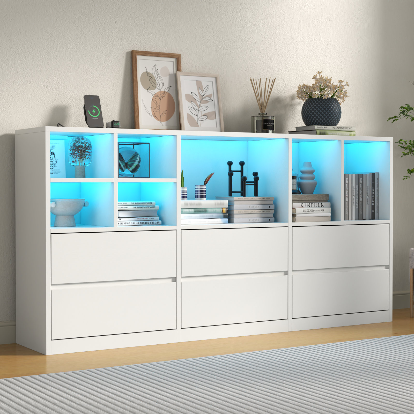 Wrought Studio™ 6 Drawers Dresser With 7 Storage Cubbies, LED Chest Of ...