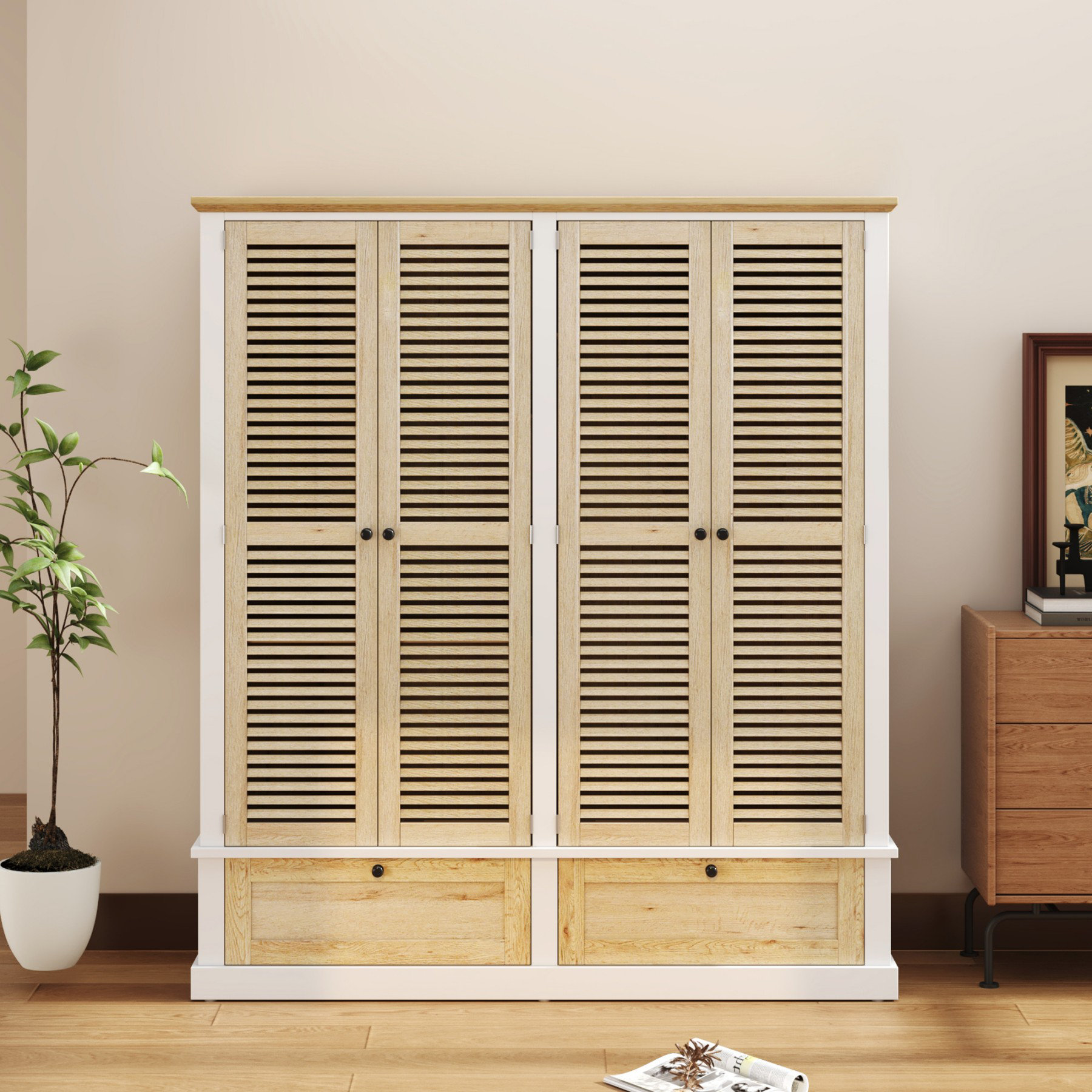 Lark Manor 4 Shutter Door Wardrobe Armoire Closet with 2 Drawers ...