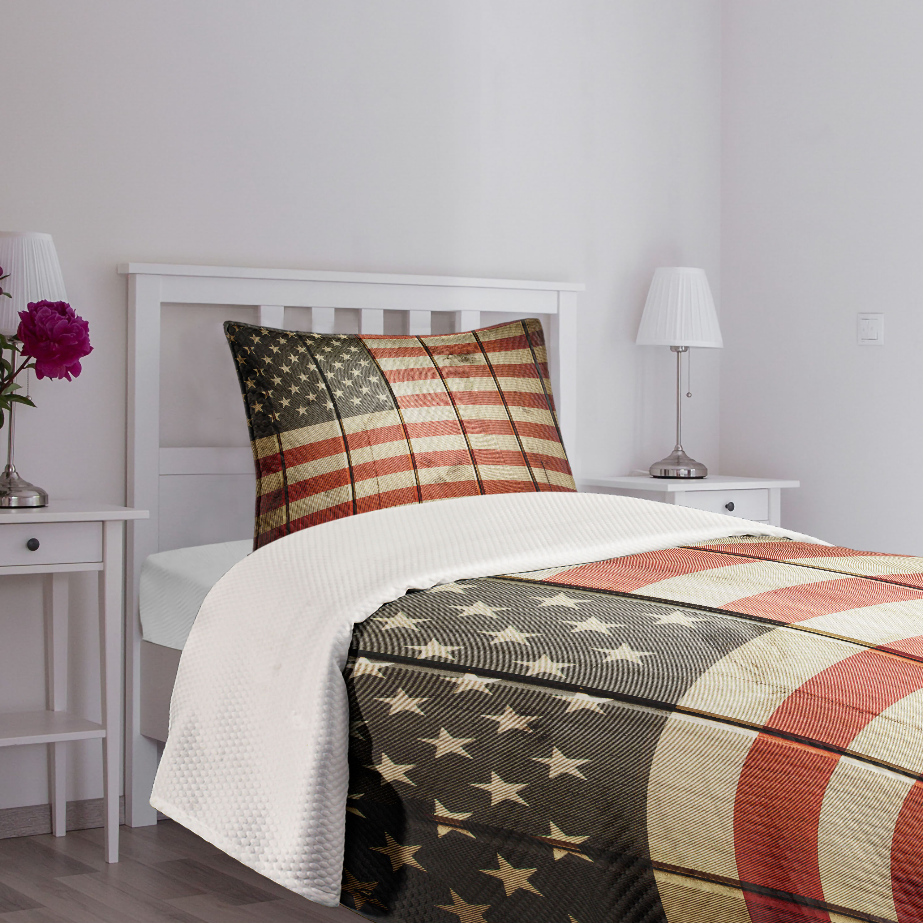 Ambesonne American Flag Bedspread Set Wood Design Flag Blue Red | Wayfair