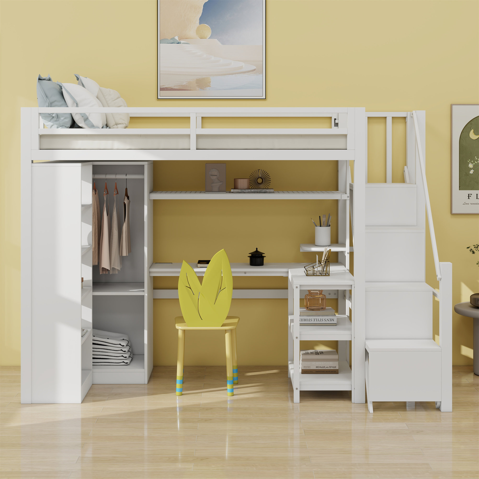 Latitude Run® Metal Loft Bed With Desk, USB Ports, 5-Layer Shelf ...