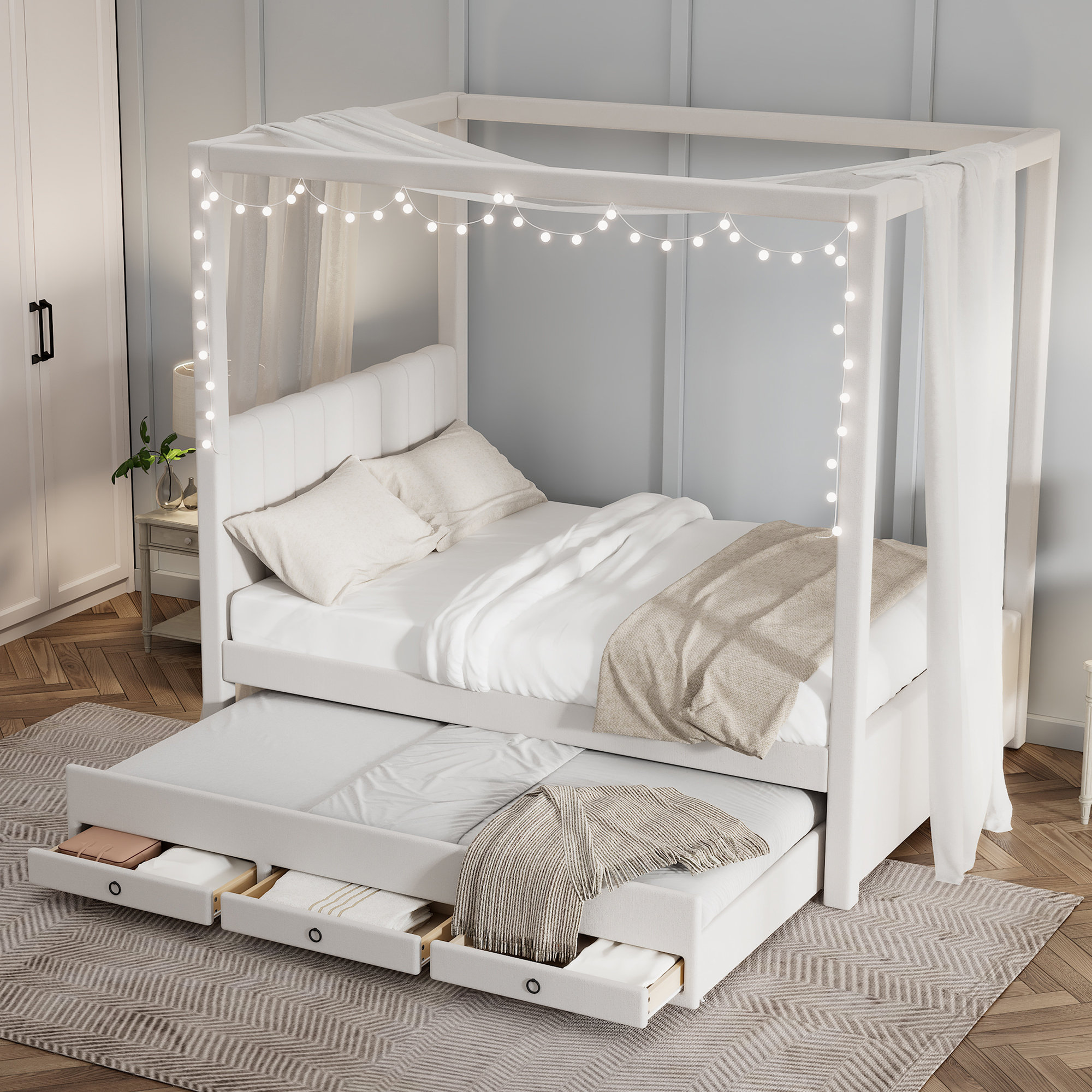 Latitude Run® Upholstery Canopy Platform Bed with Trundle and Three ...