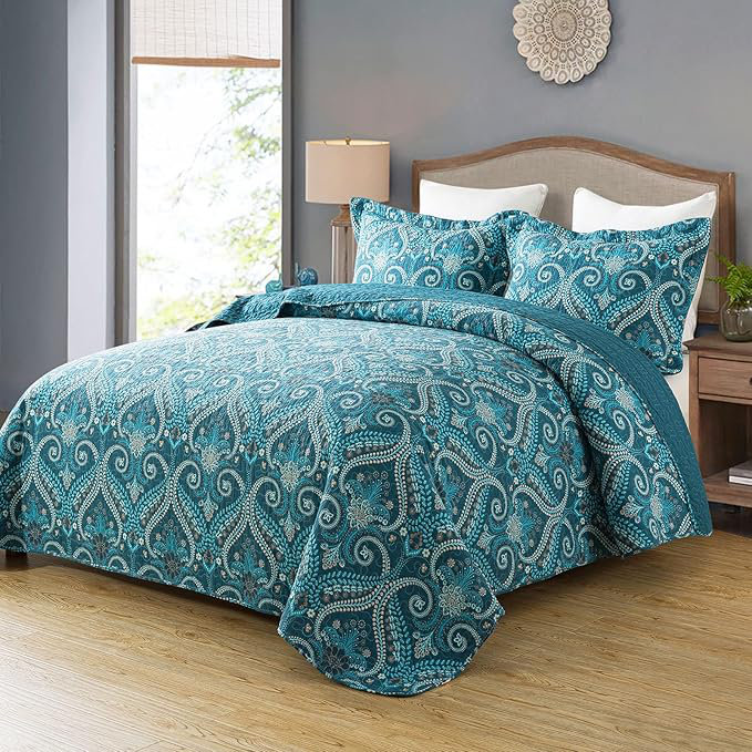 DANTUL 3-Piece Quilt Set Quilted Bedding Set For All Season, Cyan Blue ...